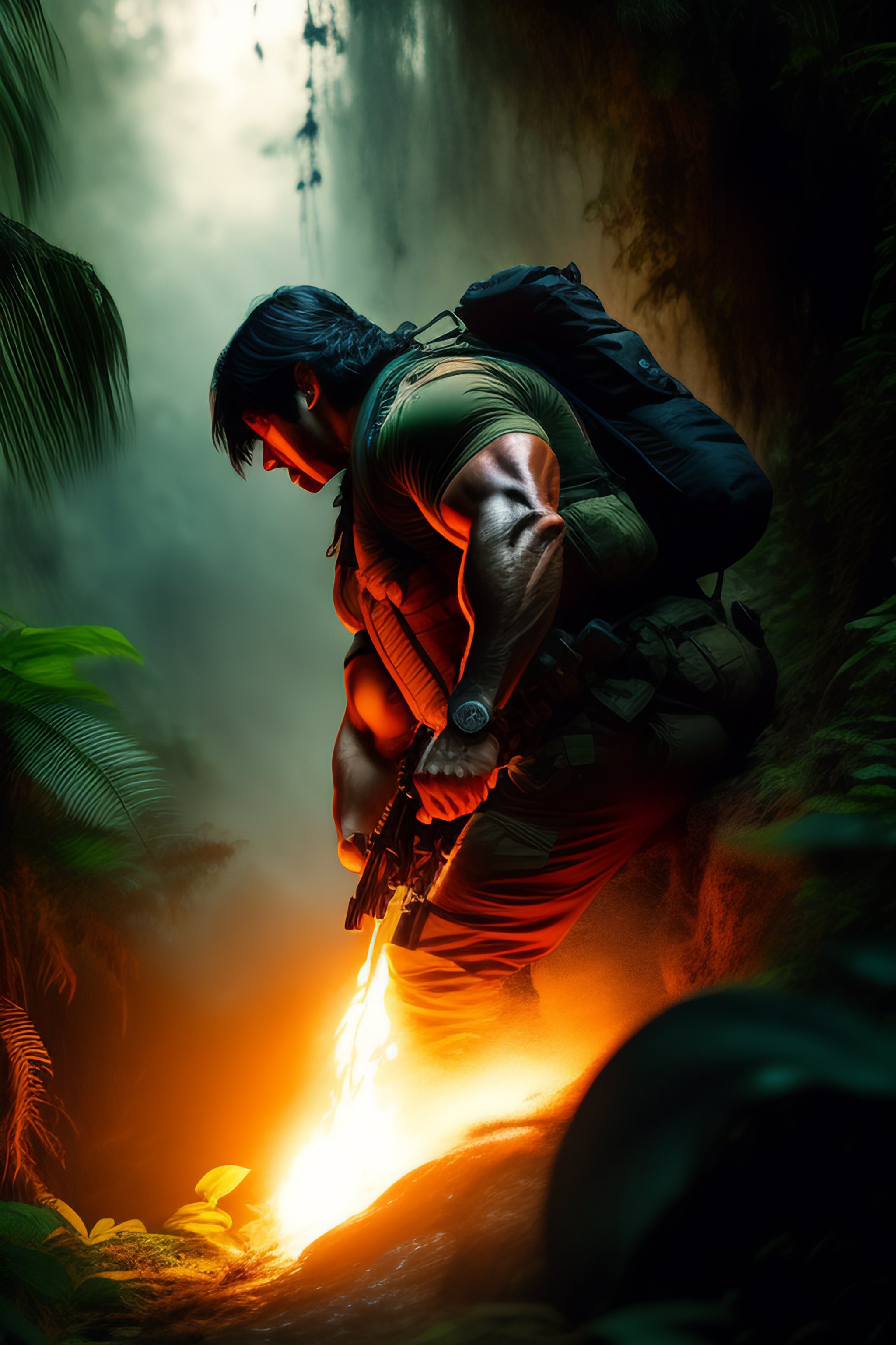 Lexica - Action shot of john rambo in a jungle, cinematic lighting ...