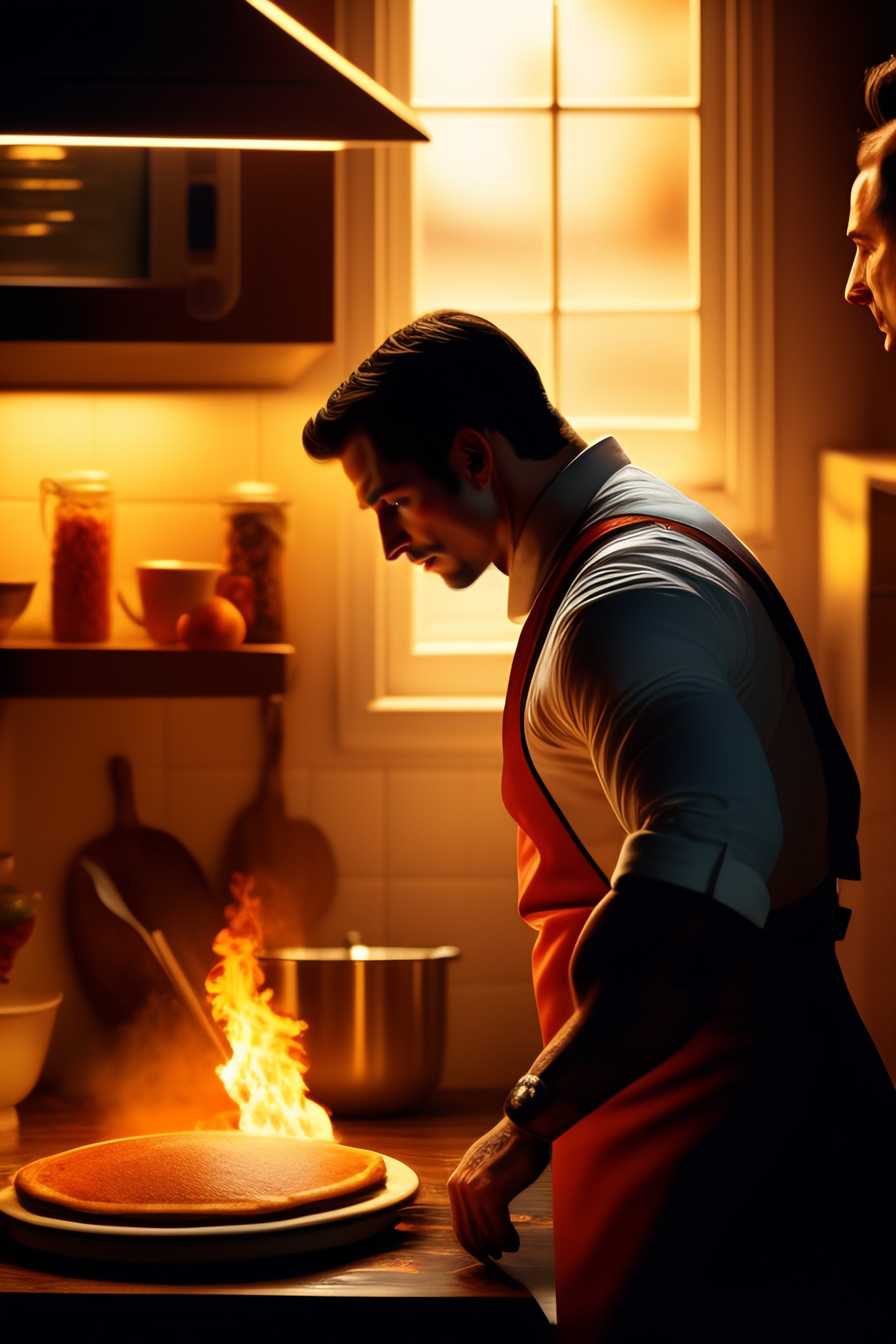 Lexica - Lucifer from Helltaker in the Kitchen making pancakes