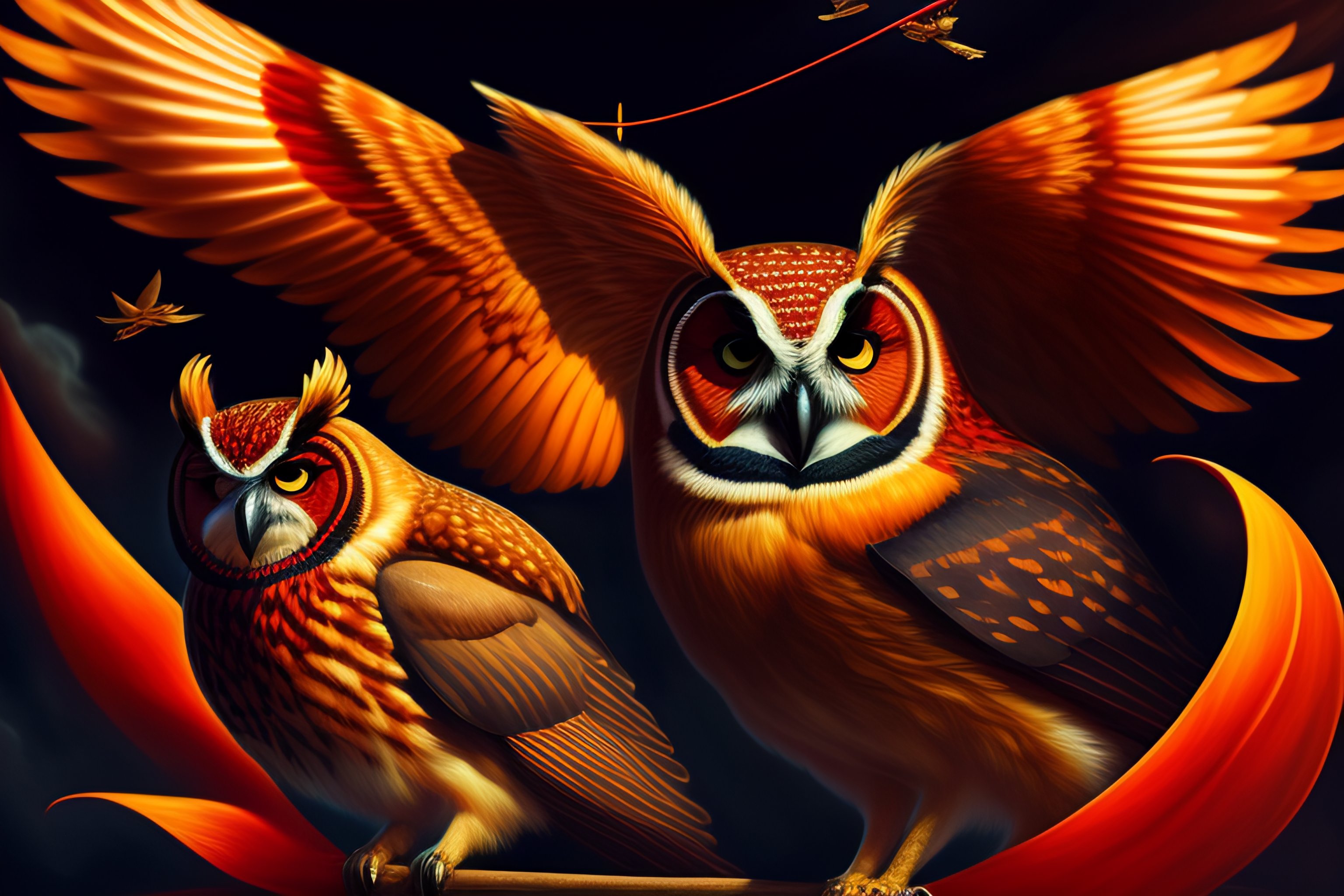 Lexica - Epic picture of comic owls, connected with a black, red ...