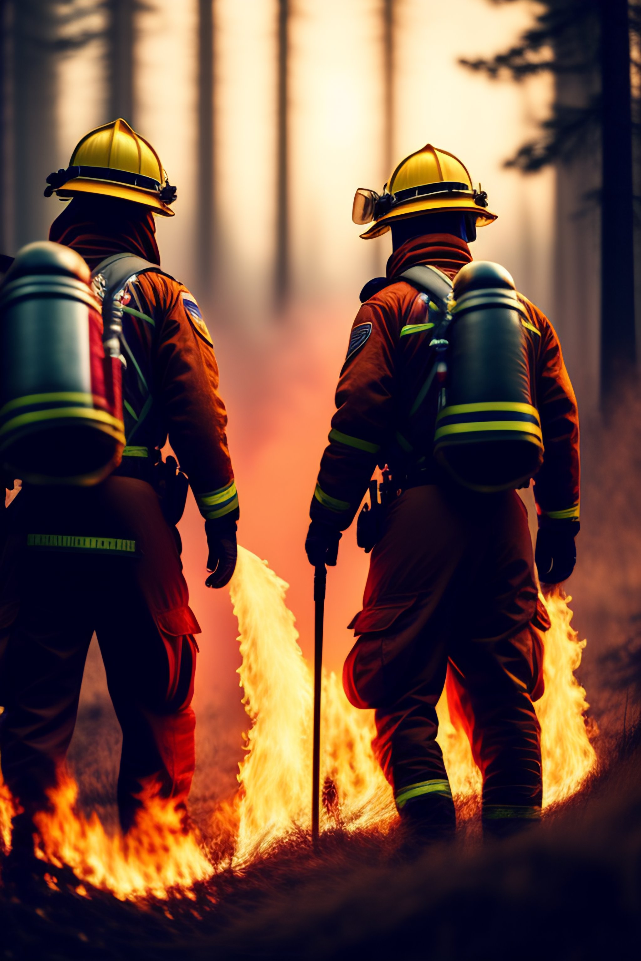 Lexica - Created three European firefighters putting out a forest fire