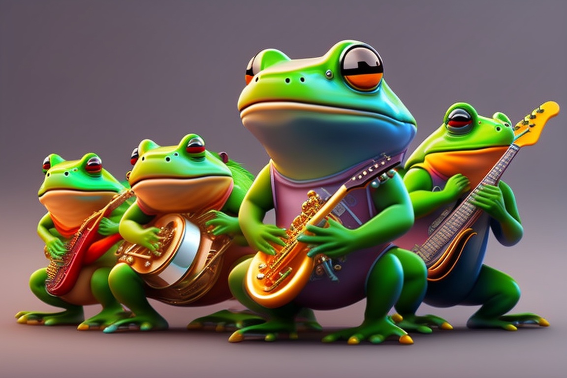 Lexica - A music band of frogs. The band has eight members. One plays ...