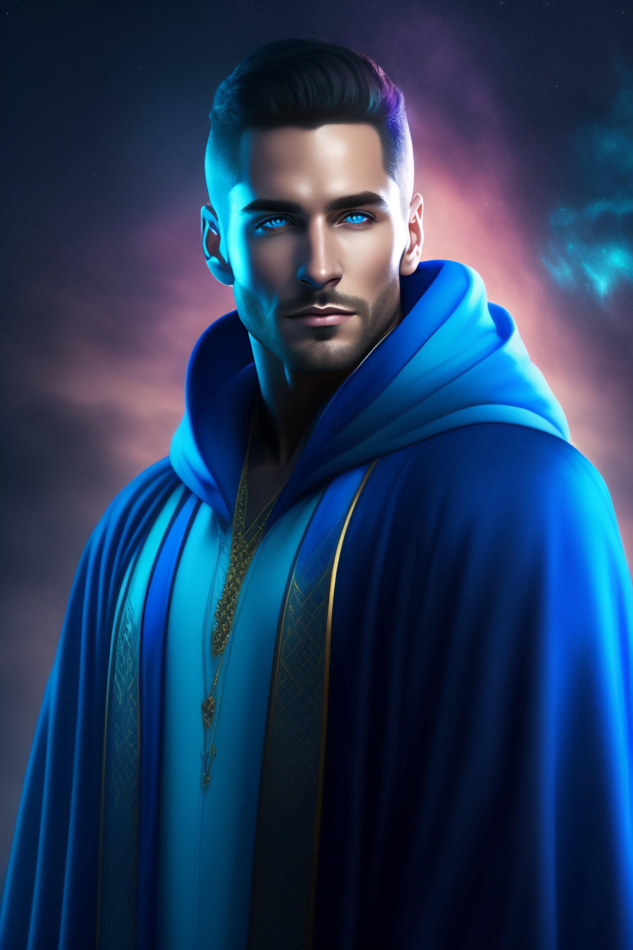 Lexica - 32 age old male wizard with blue robe and hoodie, glowing blue ...