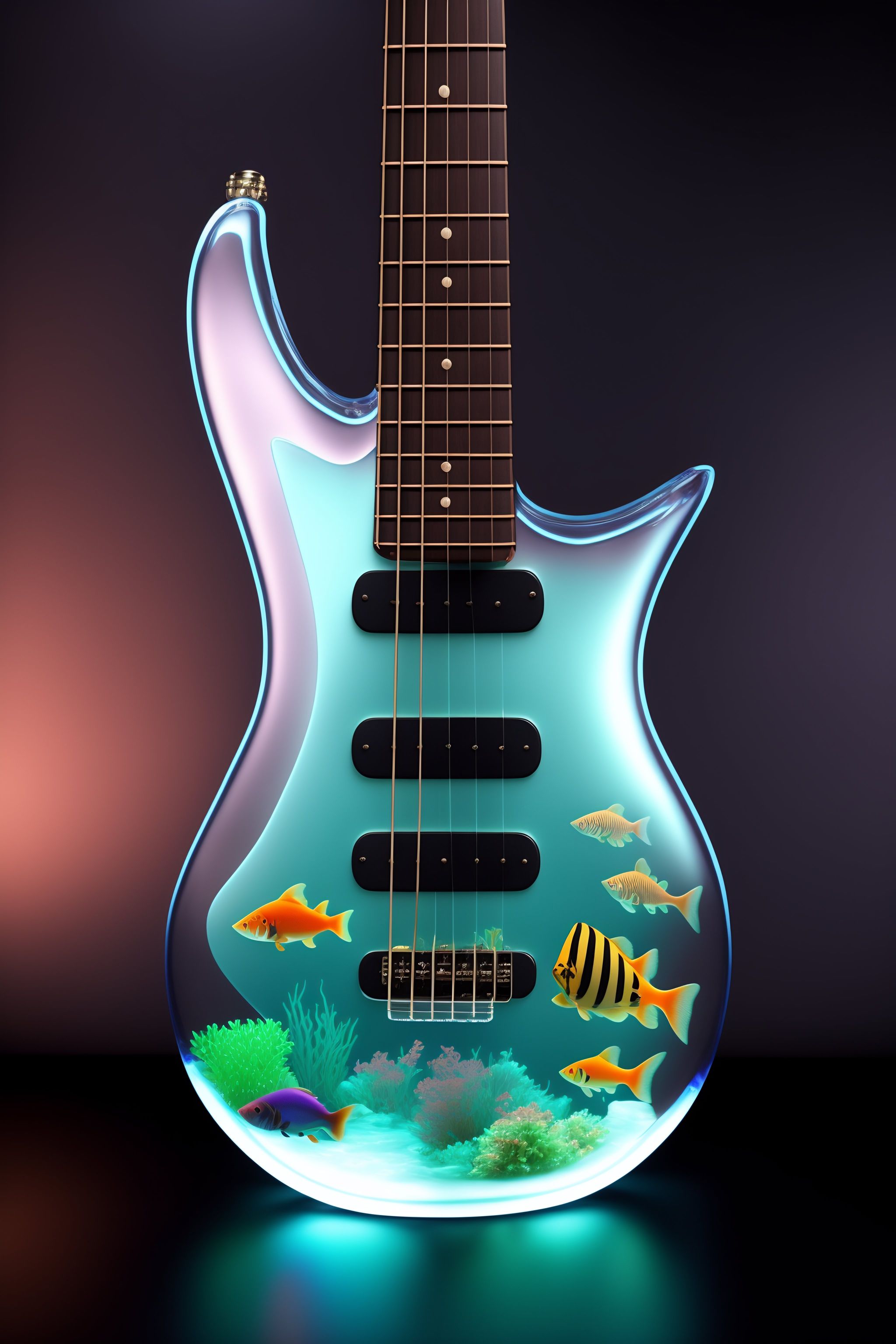 Lexica - An aquarium inside a transparent glass guitar, coral reef ...
