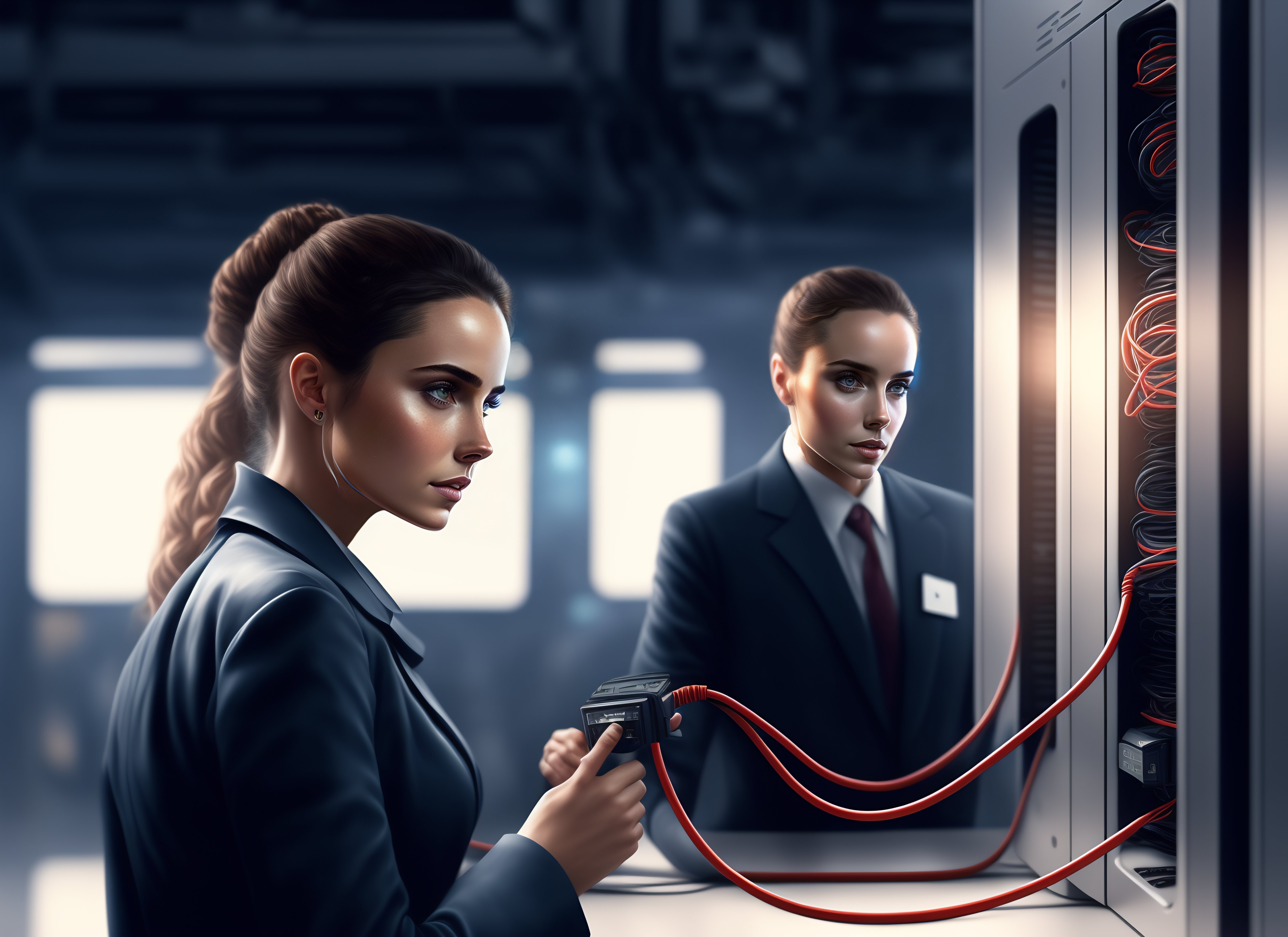 Lexica - Illustration an it guy who is plugging a girl through cables ...