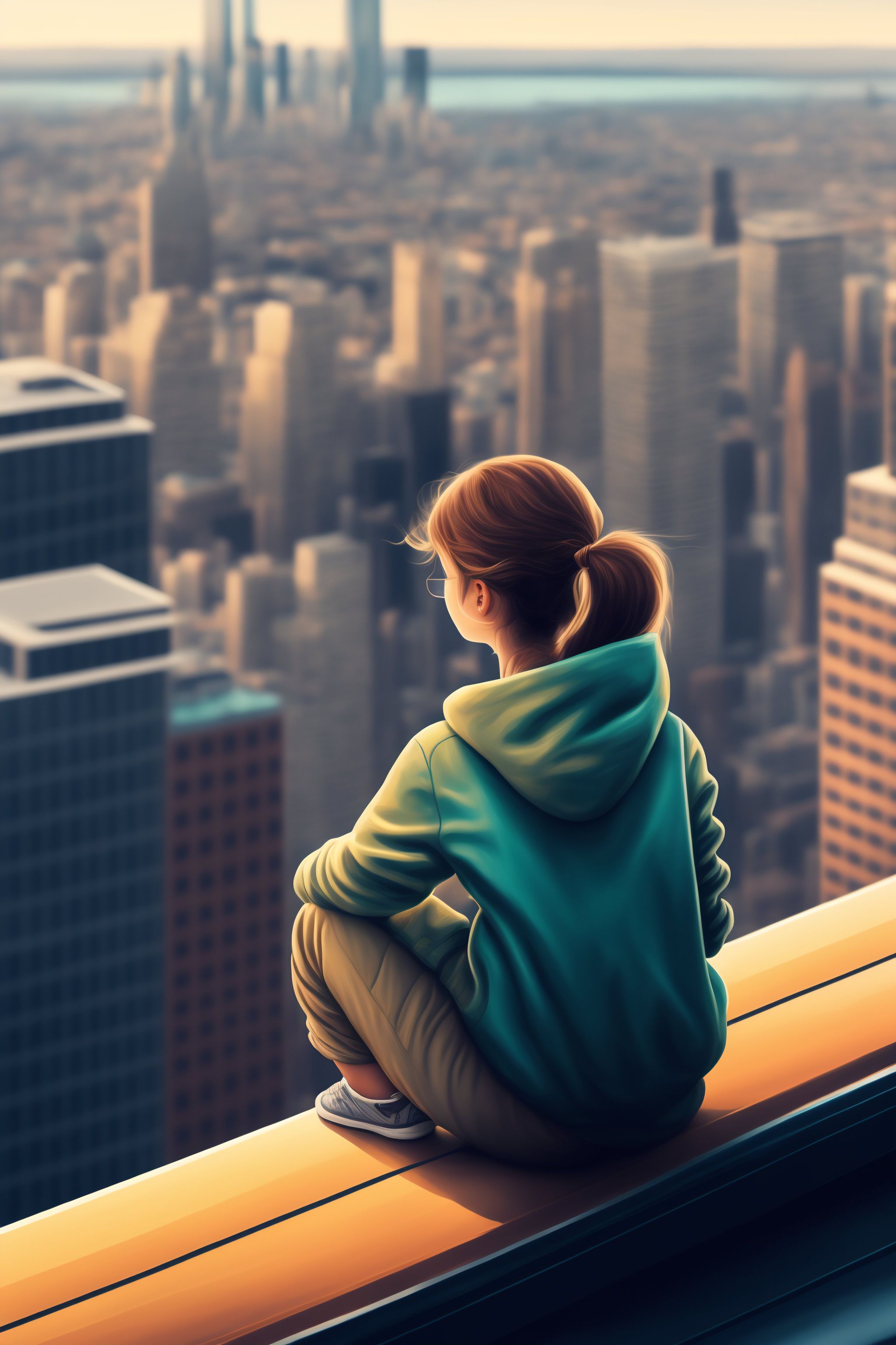 Lexica - Girl sitting on a roof looking down at a city below, extremely ...