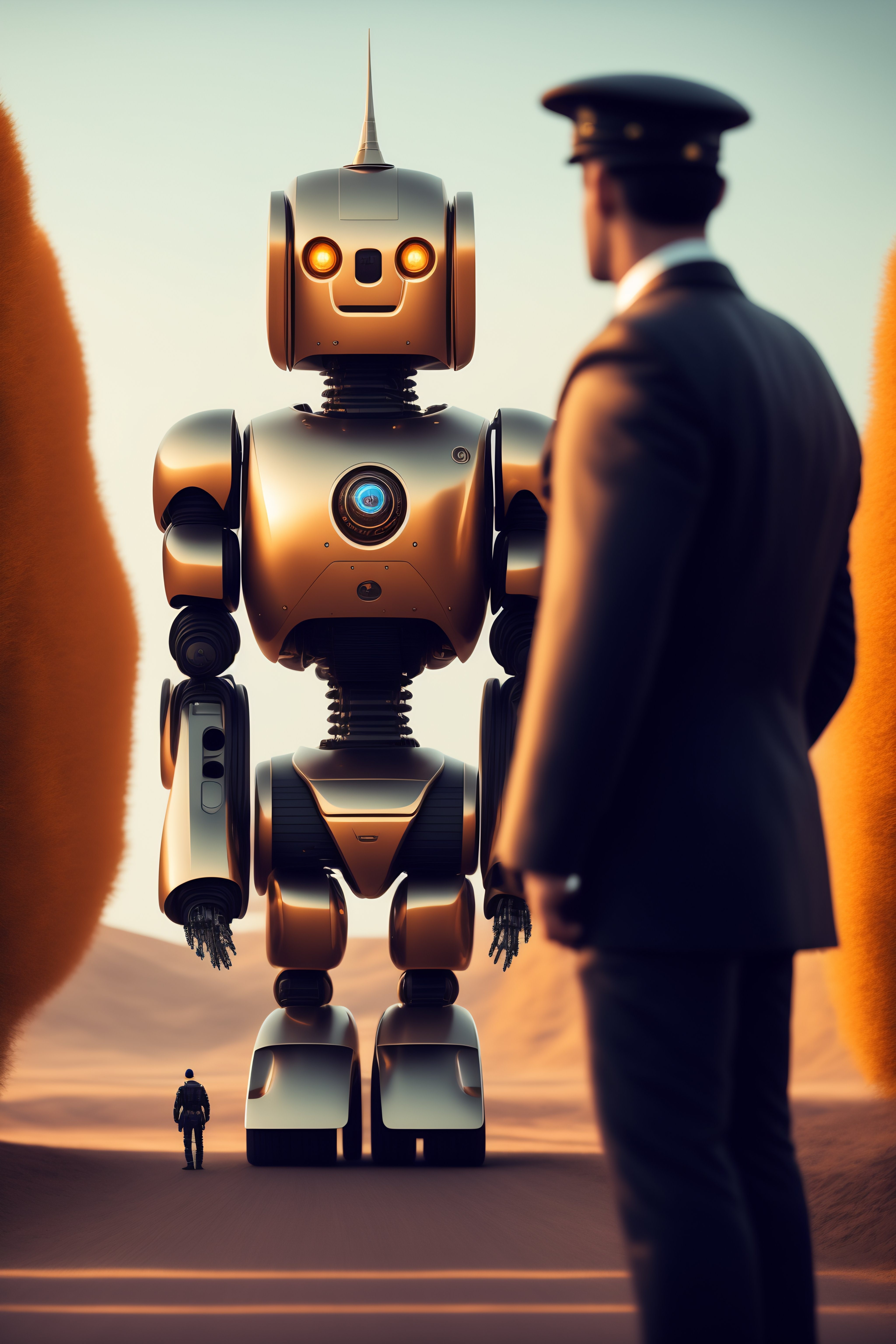 Lexica - A robot staring at a man, fantastic illustration