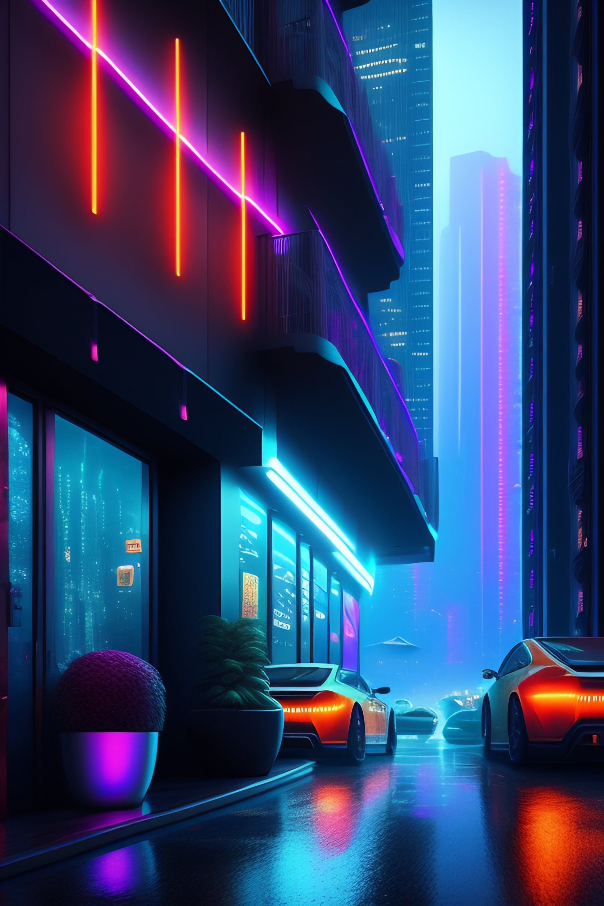 Lexica - Cyberpunk city, skyline, cocktail club door outside, its ...