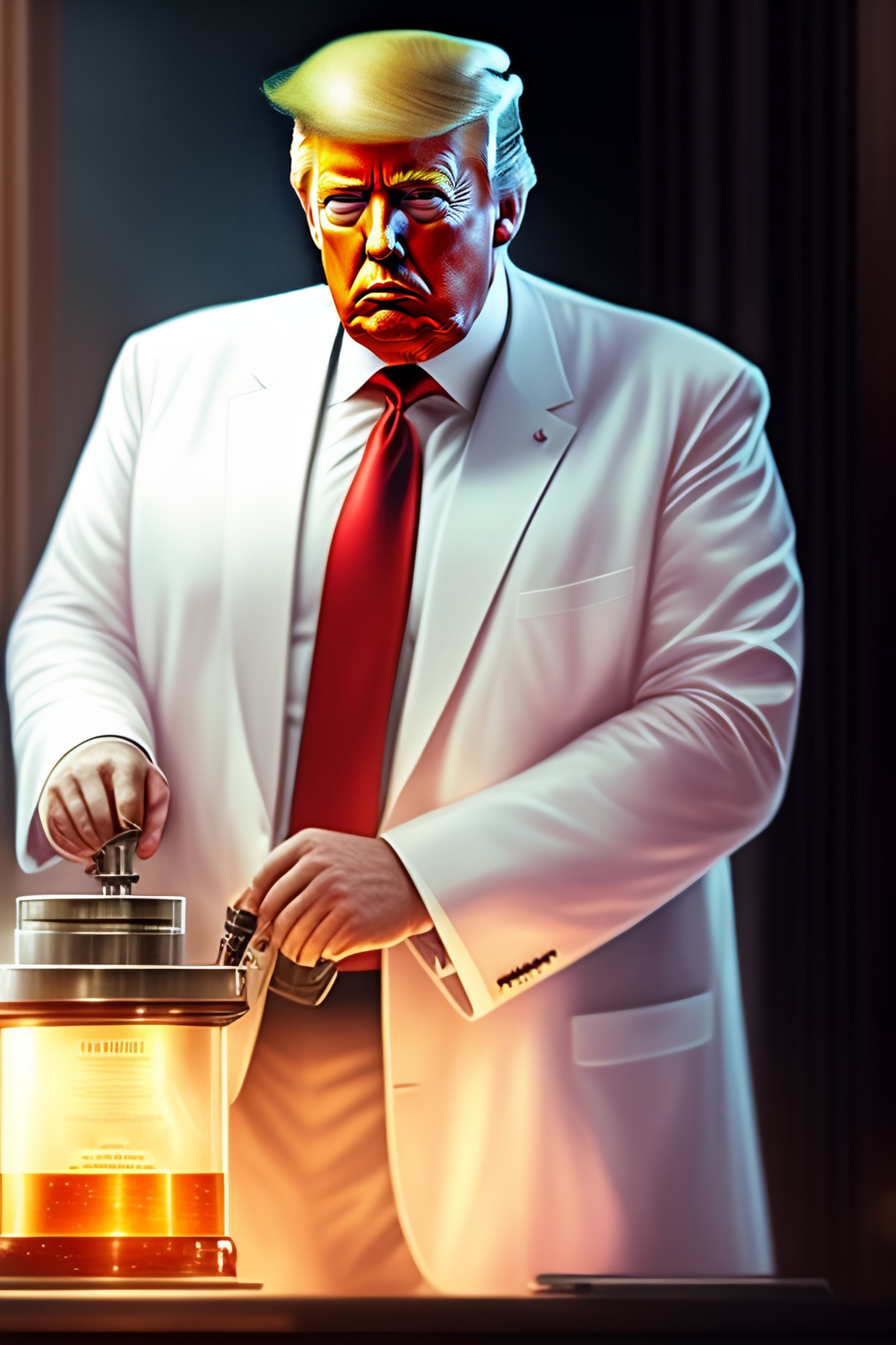 Lexica - Donald Trump holds a ehrlenmeyer flask at eye level, wearing a ...