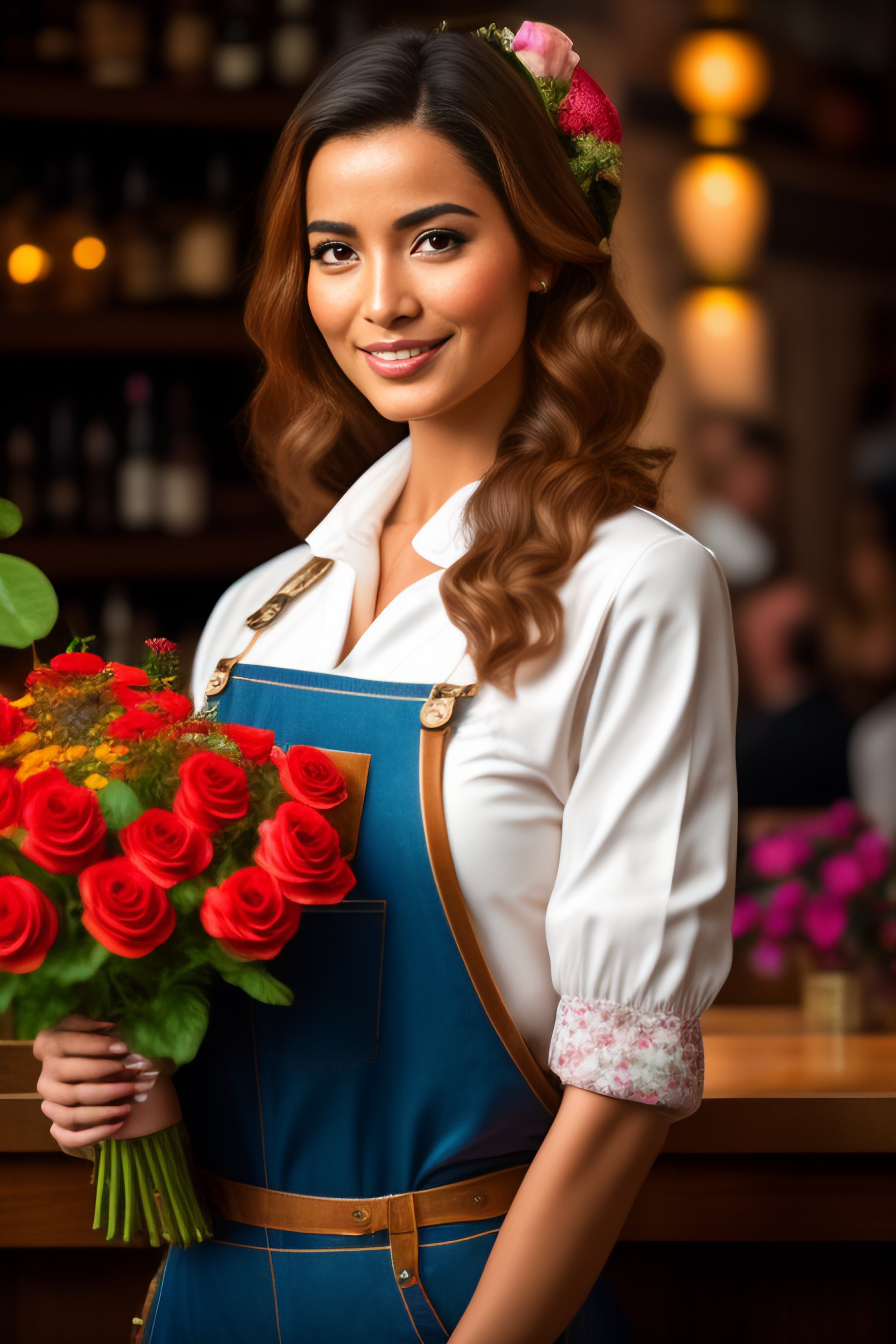 Lexica - Portrait of a young woman waitress wearing overalls inside a ...