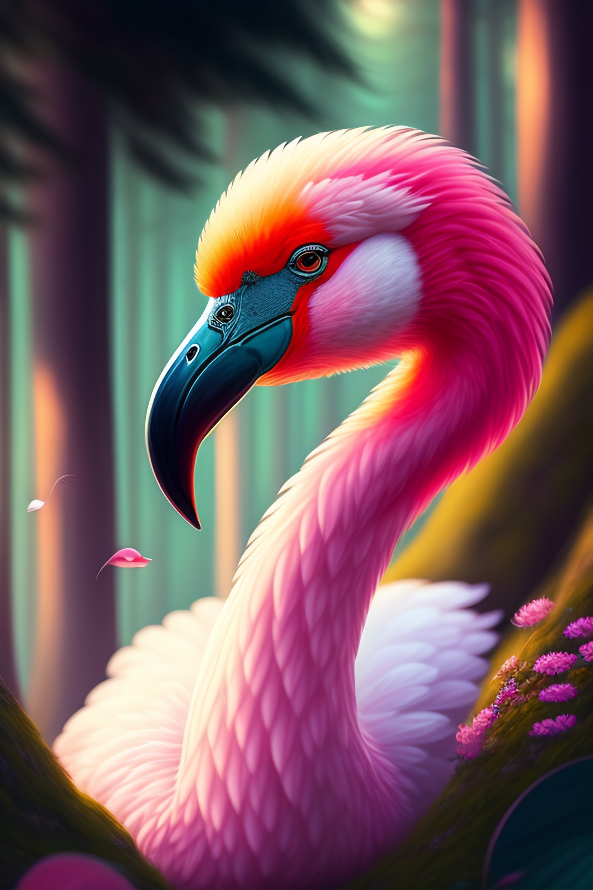 Lexica - A cute flamingo in the dreamy forest, fantasy, dreamlike, 8 k ...
