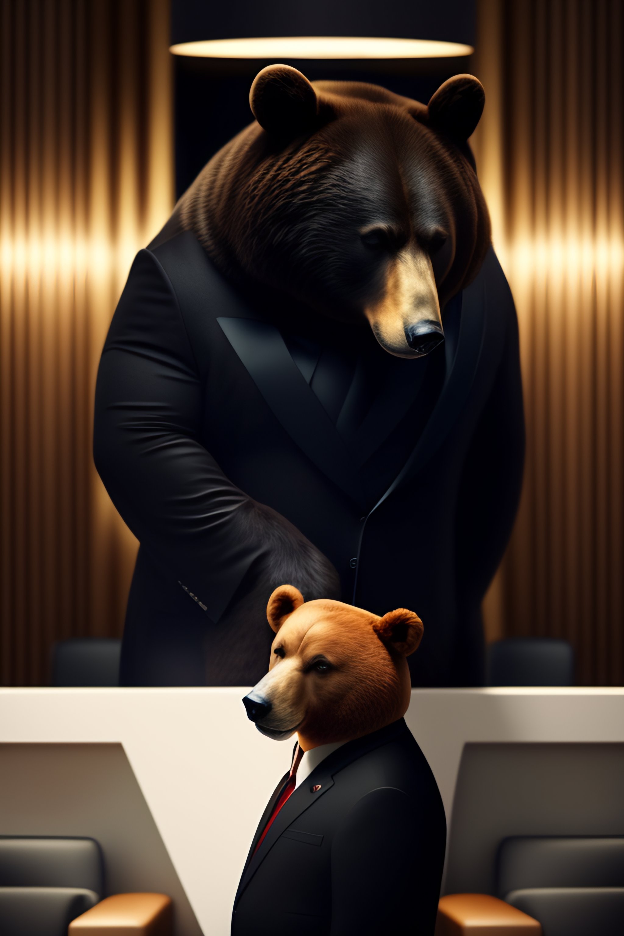 Lexica - Anthropomorphic bear in a bodyguard black suit taking care of ...