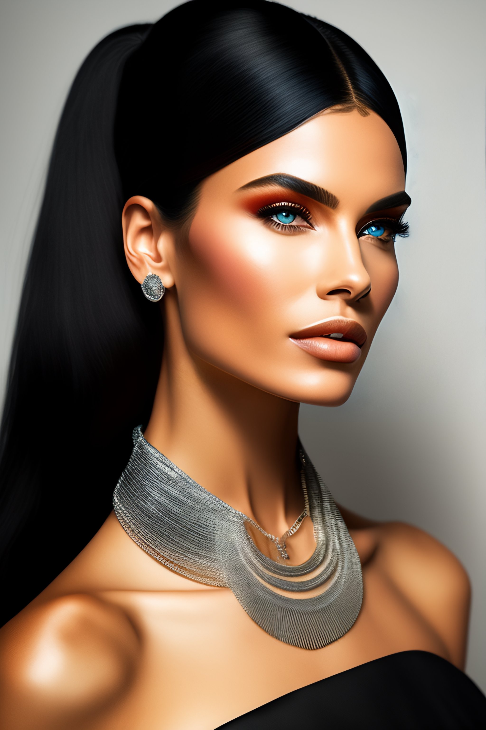 Lexica - Portrait woman black hair ponytail blue eyes silver heart ...