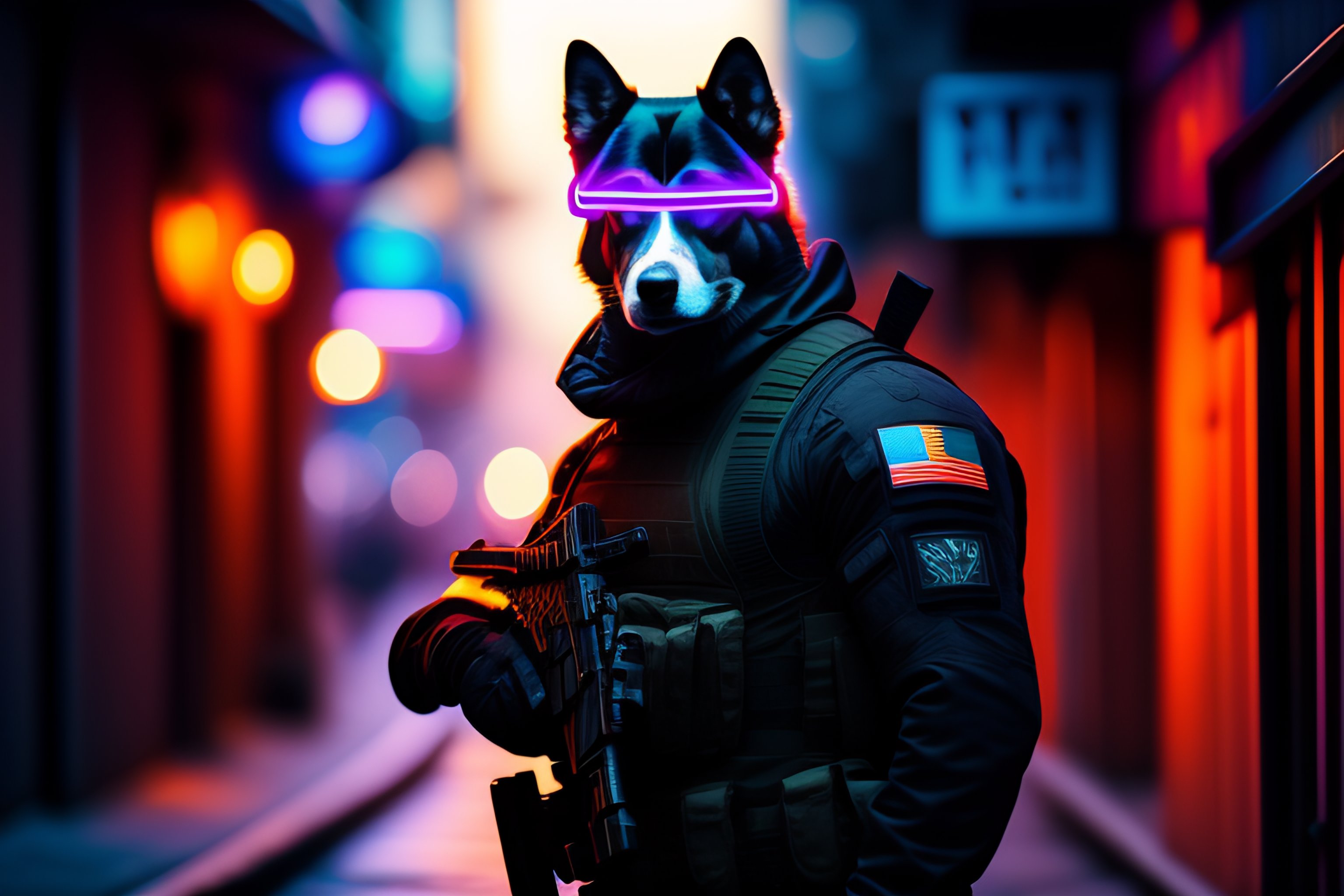 Lexica - Manly dog humanoid in black SWAT suit holding a gun in an ...