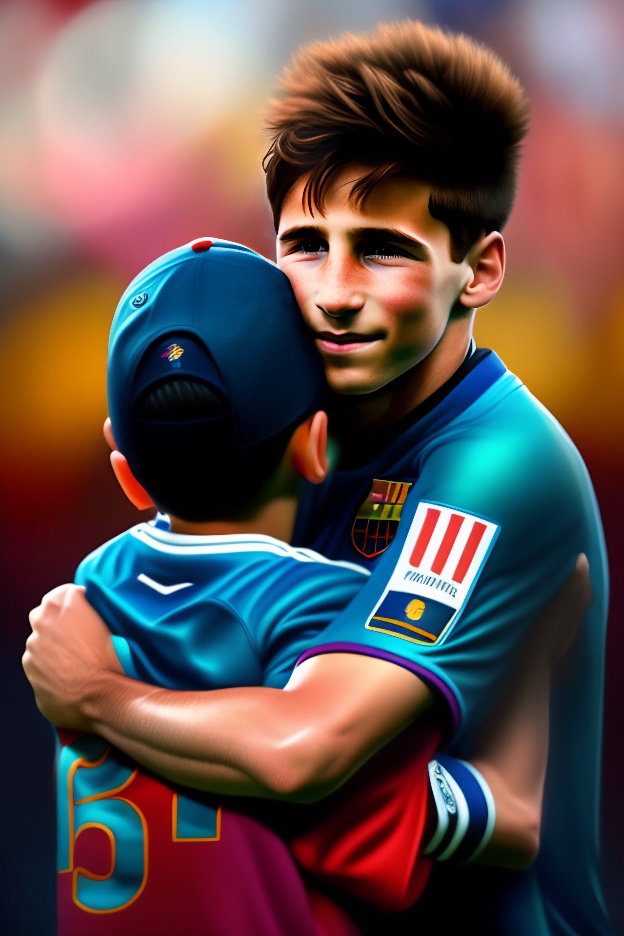 Lexica - Portrait of Messi as a kid hugging an old woman