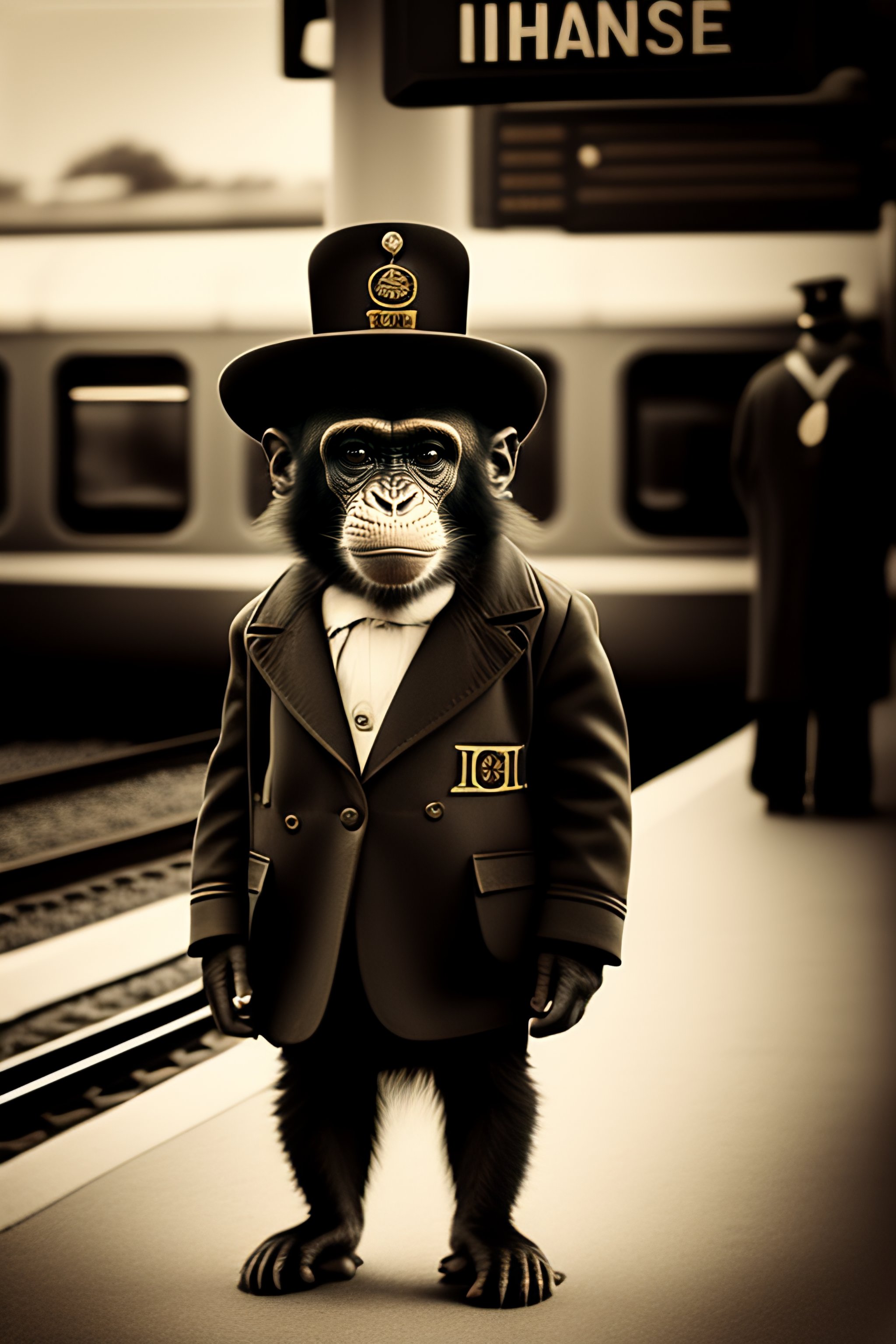 Lexica - A monkey wearing a conductors hat standing at a train station ...