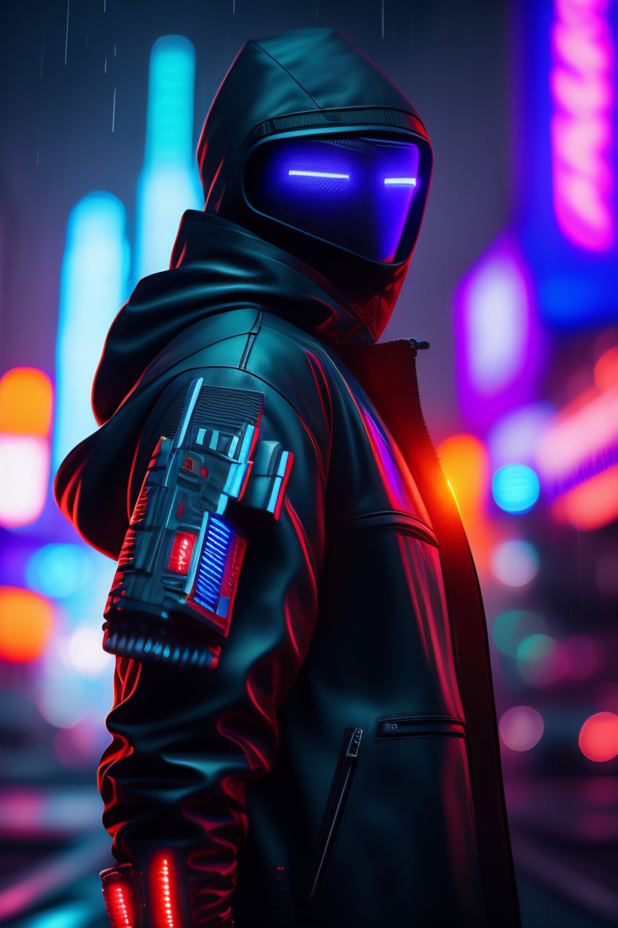 Lexica - Futeristic cyberpunk masked assassin, shooting gun, heavy rain ...