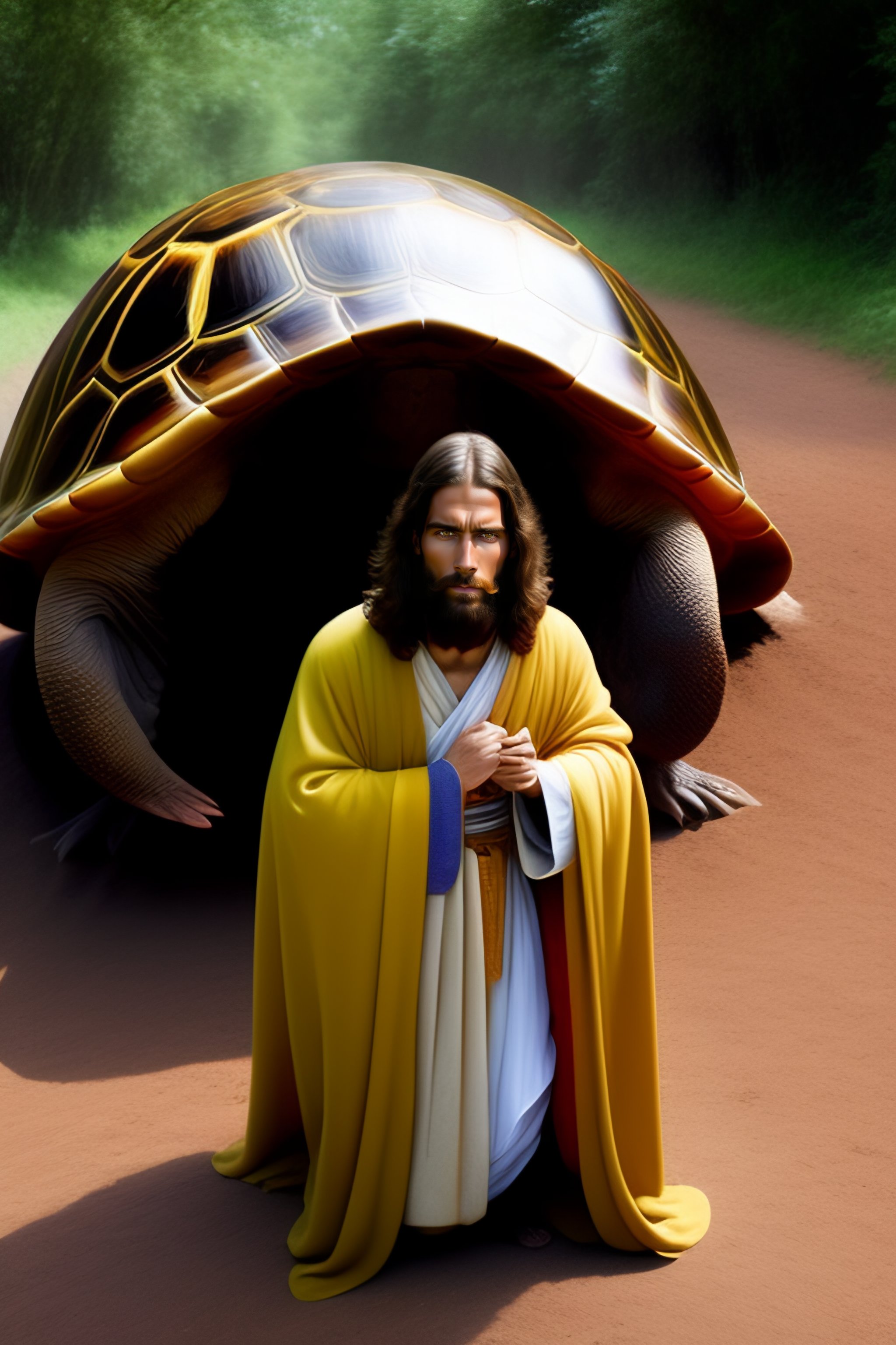 Lexica - Jesus eat a tortoise while looking intensly at the camera