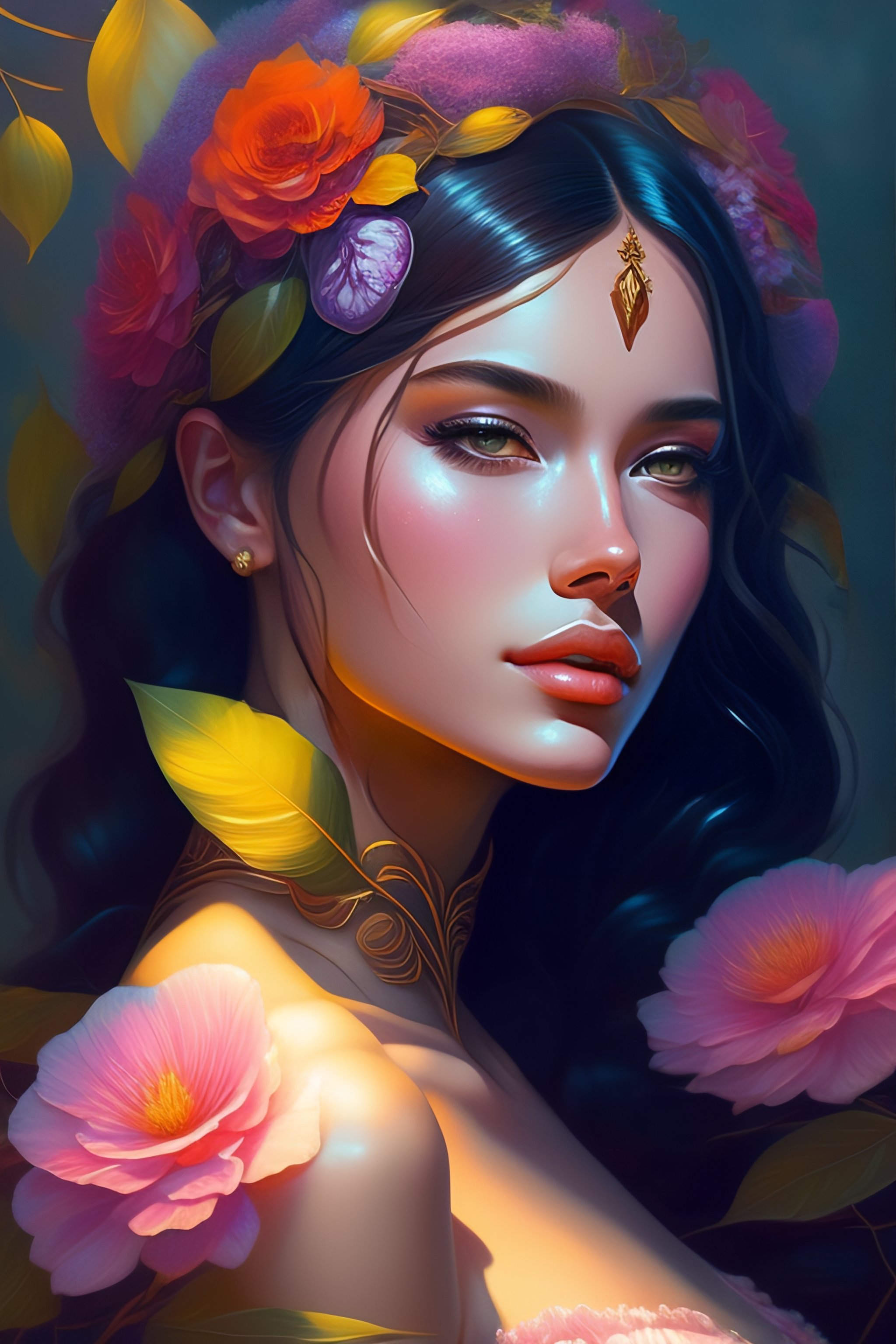Lexica - Surreal beautiful young woman, sitting with flowers, detailed ...