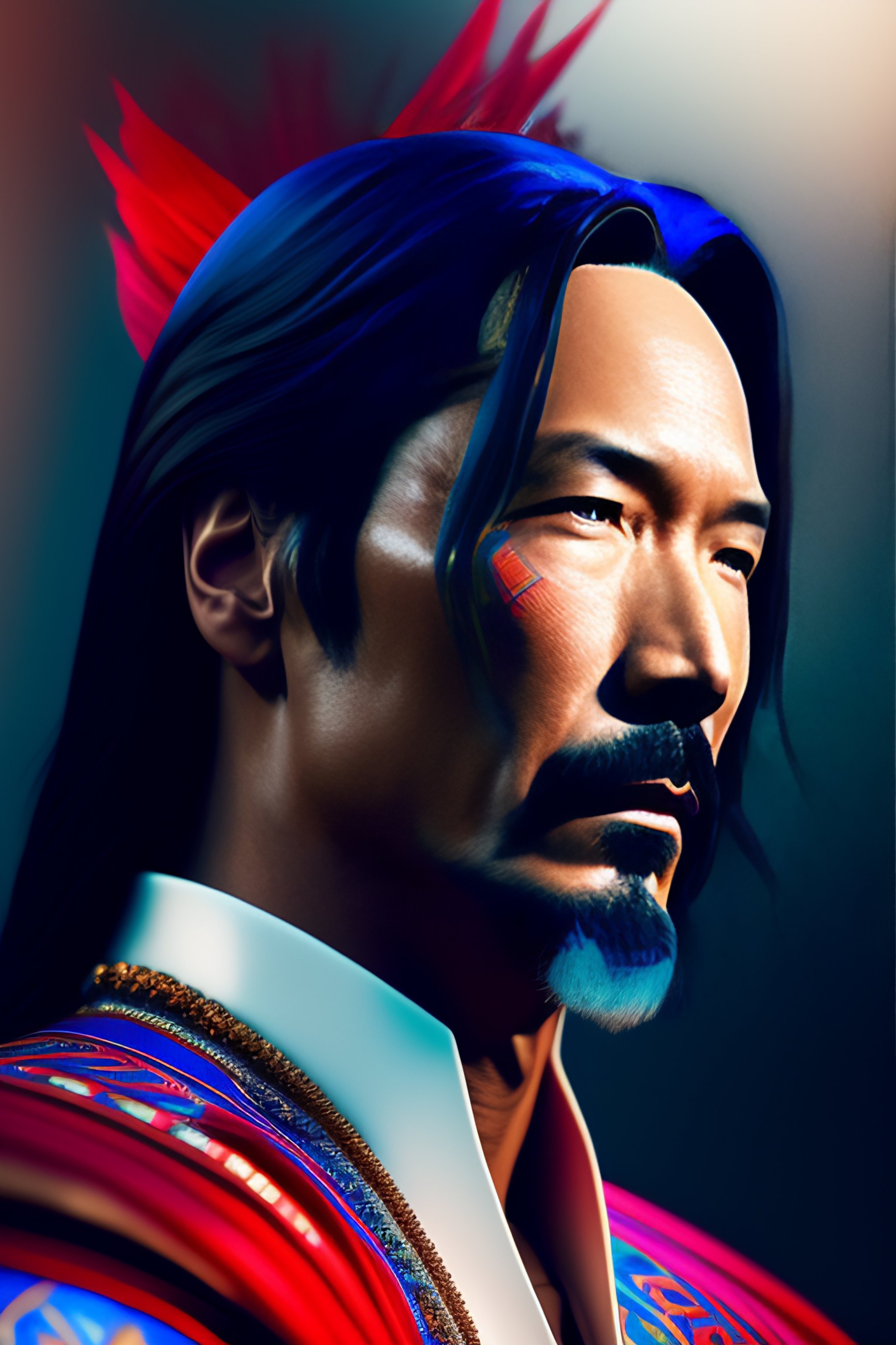 Lexica - Keanu Reeves portrait photo of a asia old warrior chief, tribal panther make up, blue ...