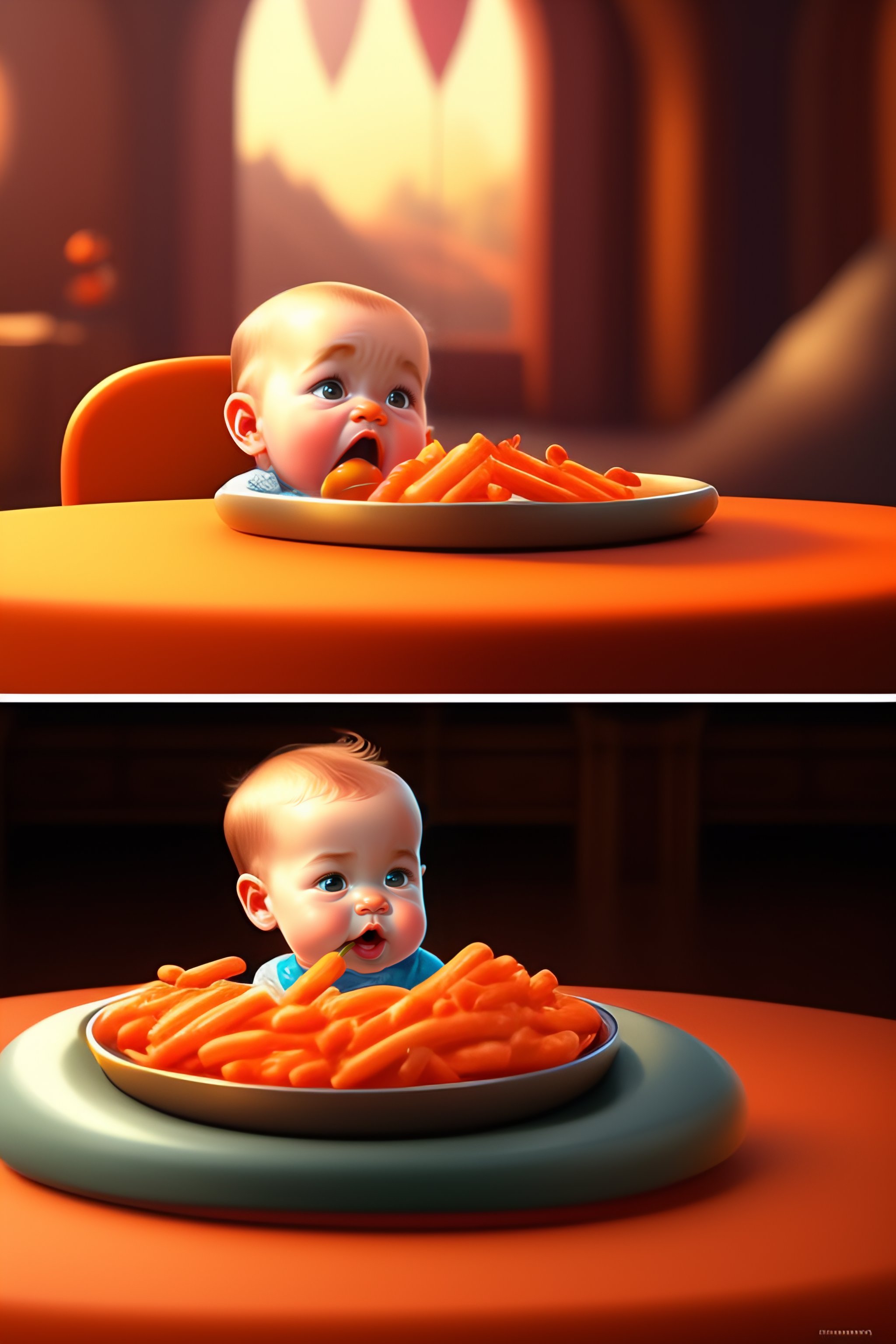 Lexica - Pixar art of a funny looking baby eating carrots on a round table