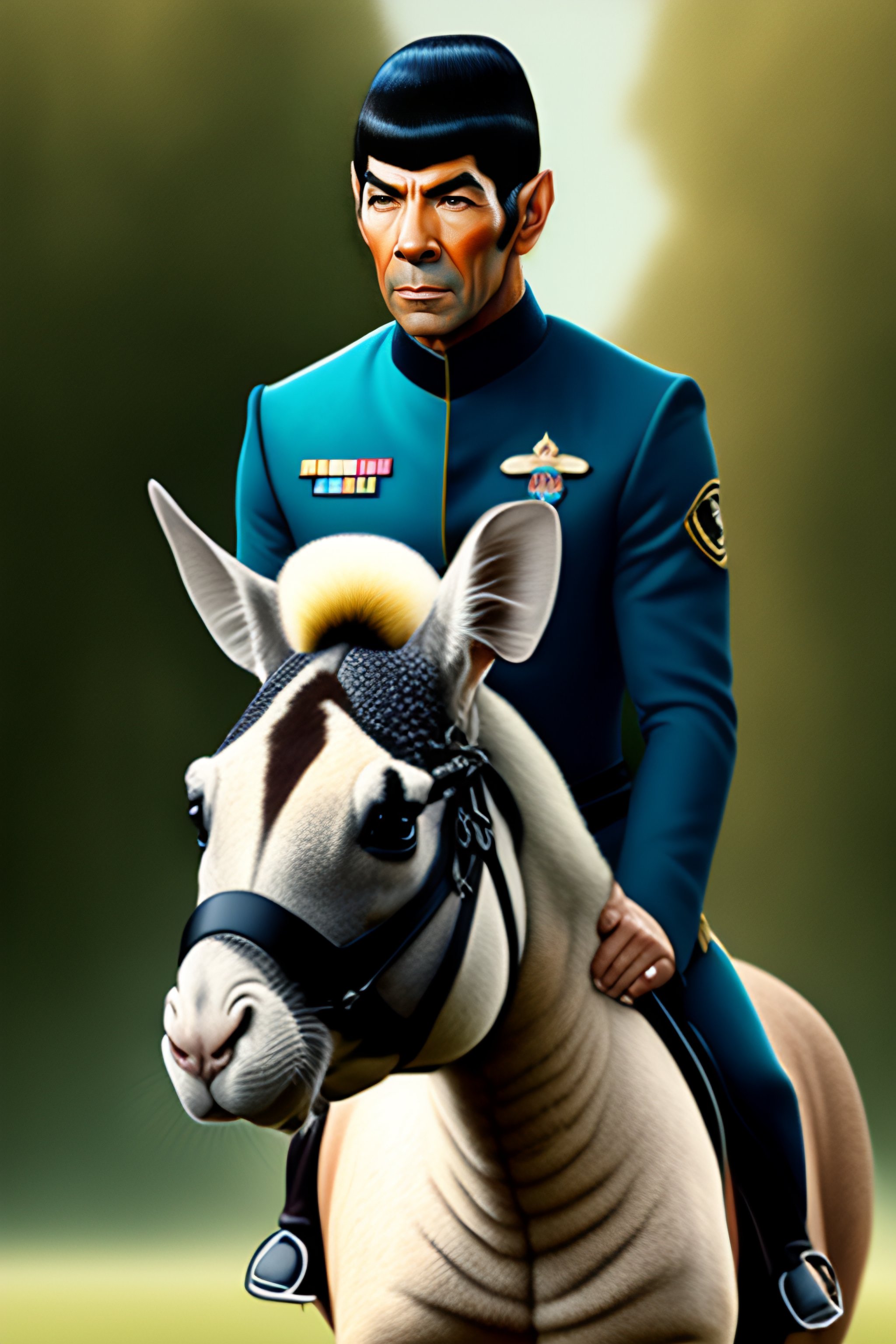 Lexica - A realistic drawing of a commander Spock riding a dinosaur ...