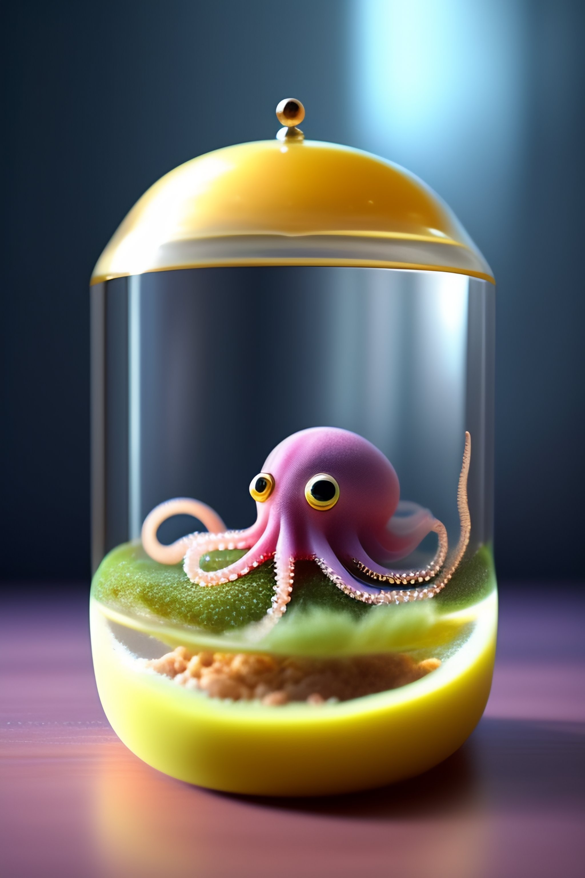 Lexica - A cute little octopus in a small circular fish tank.