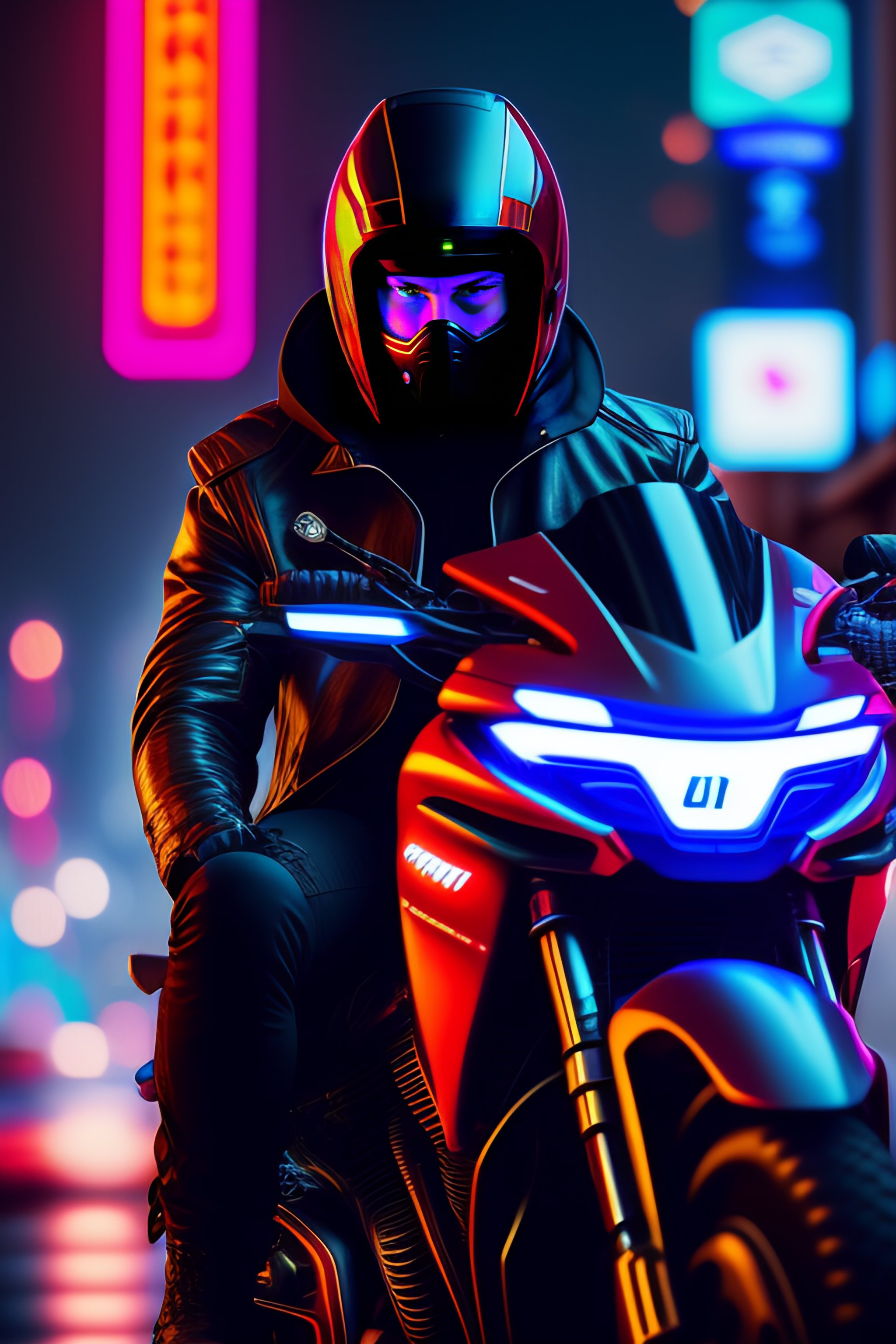 Lexica - Futuristic cyberpunk masked assassin, half cyborg, riding a ...