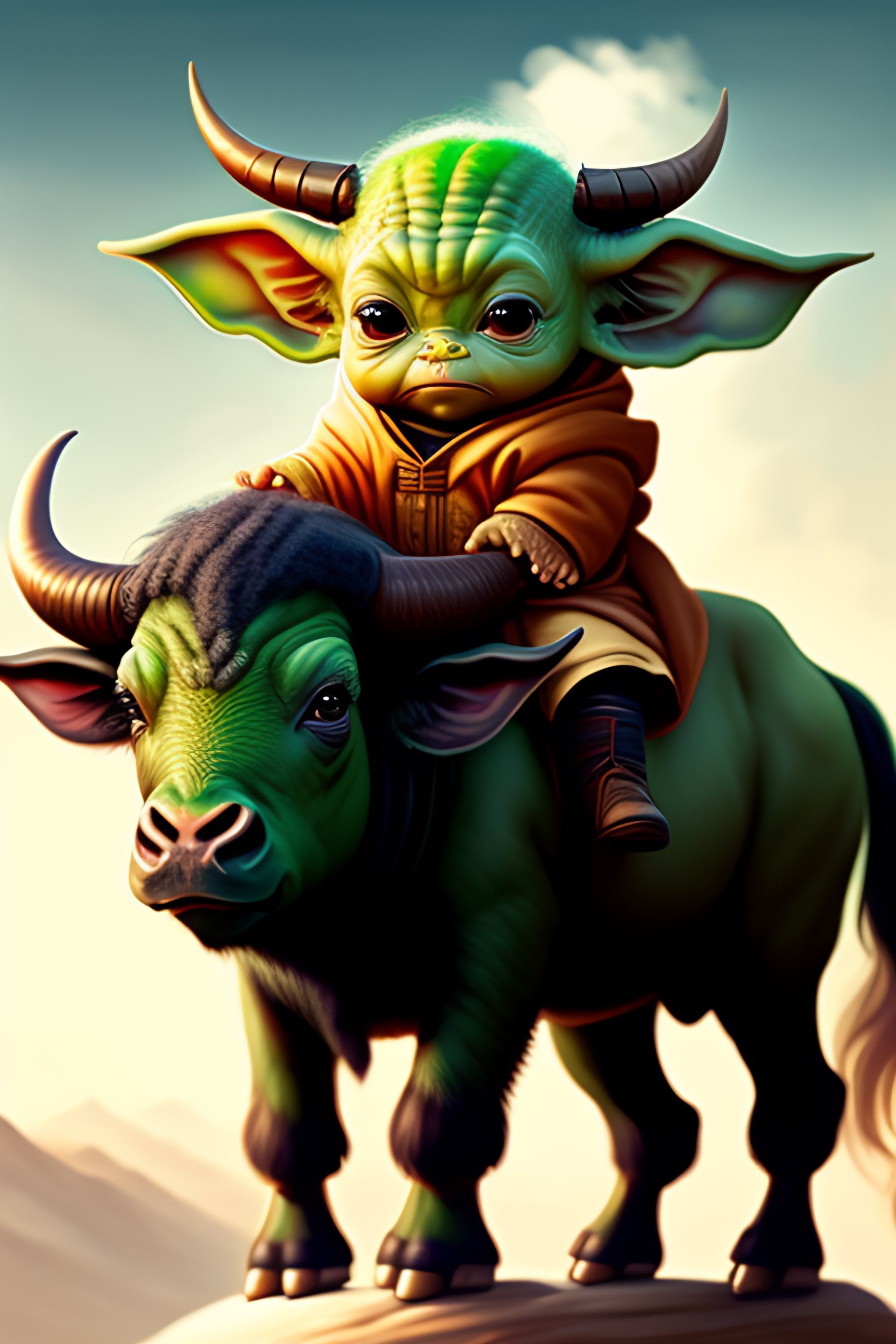 Lexica - Baby yoda looking confused riding on oppa the flying bison ...