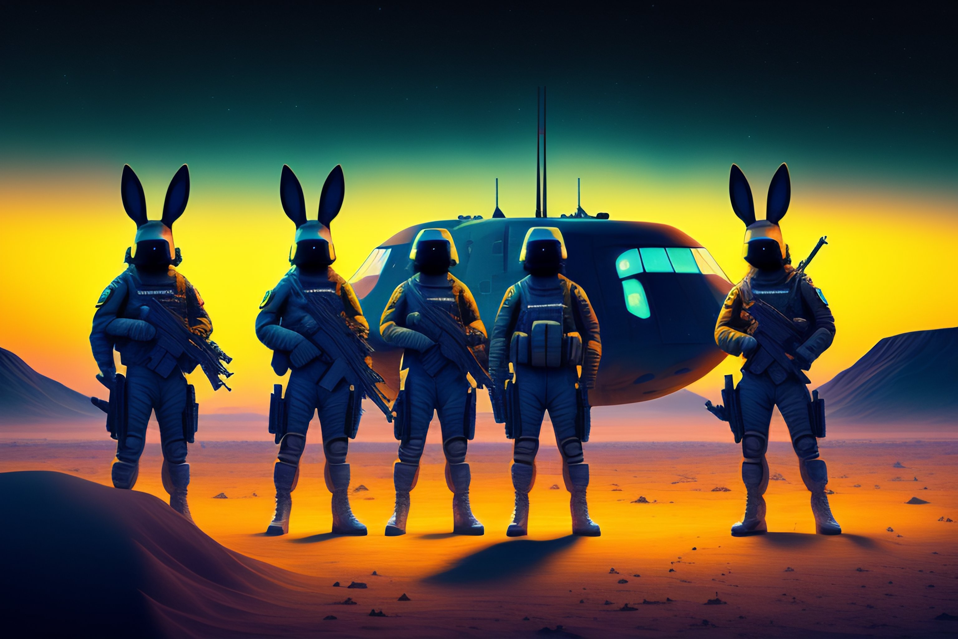 Lexica - Five neon rabbits from the special forces unit, dressed in ...