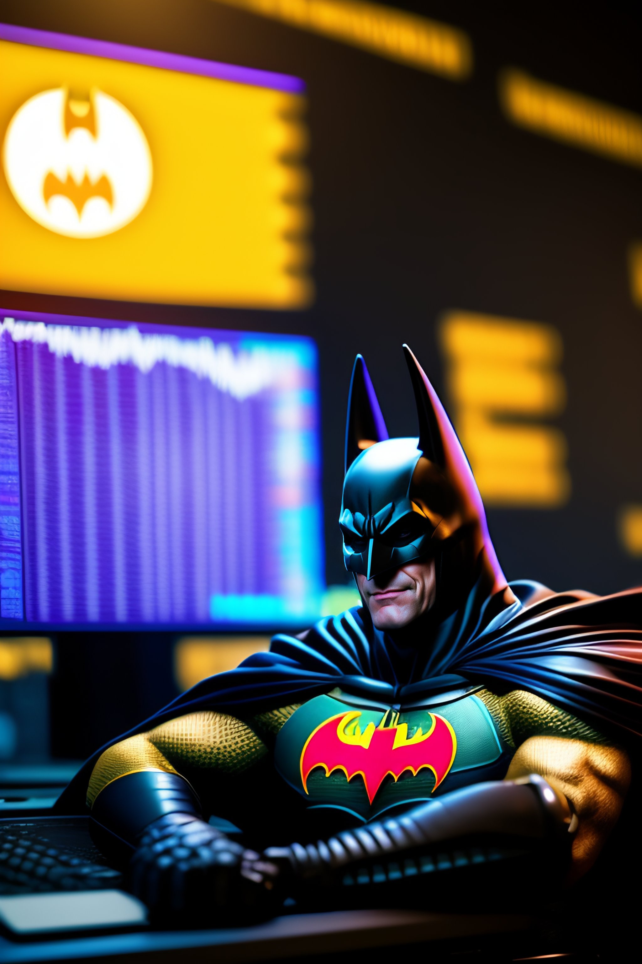 Lexica - Batman, grinning, in the batcave, sitting at the computer ...