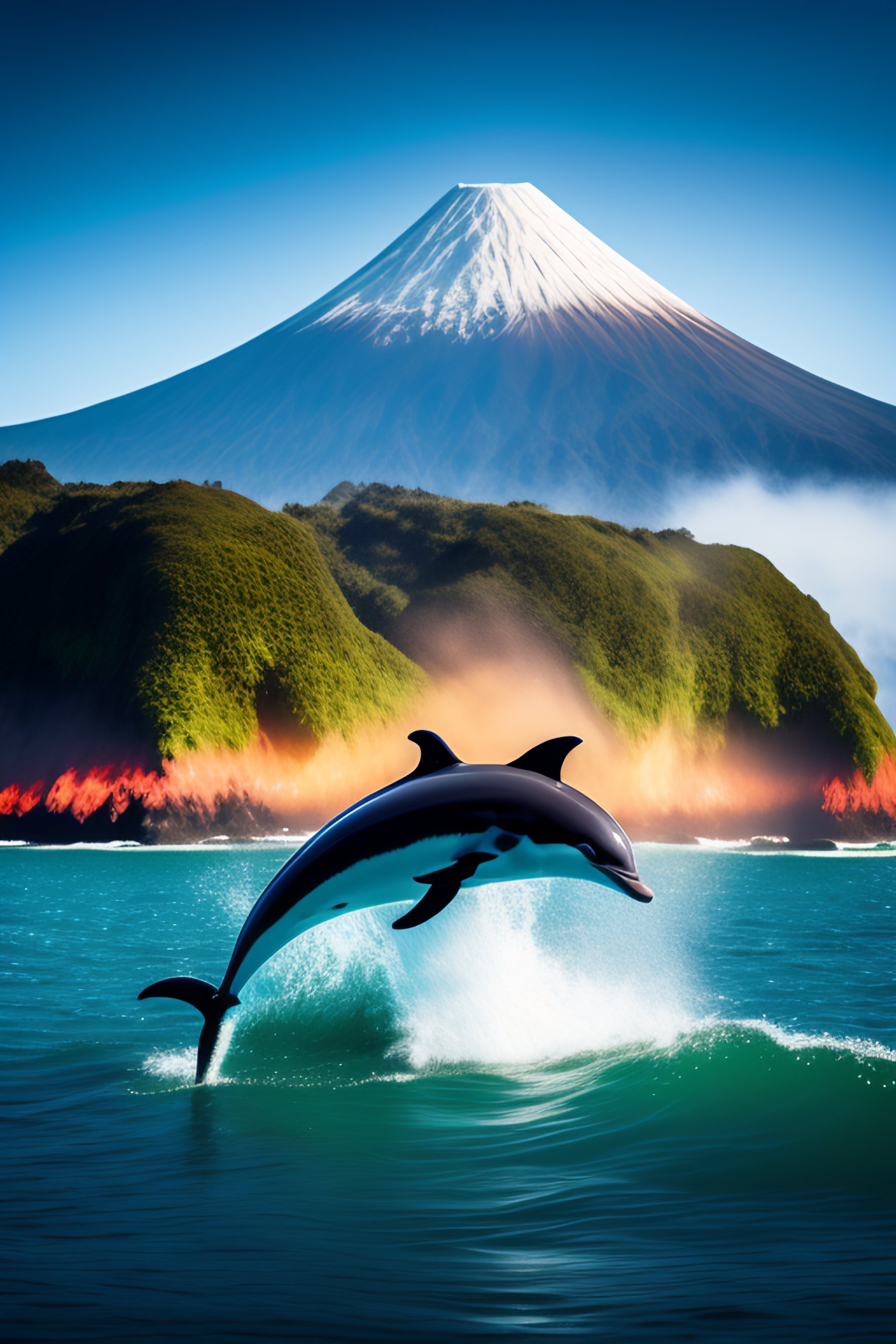 Lexica - Dolphin jumping out of the water with a volcano in the background
