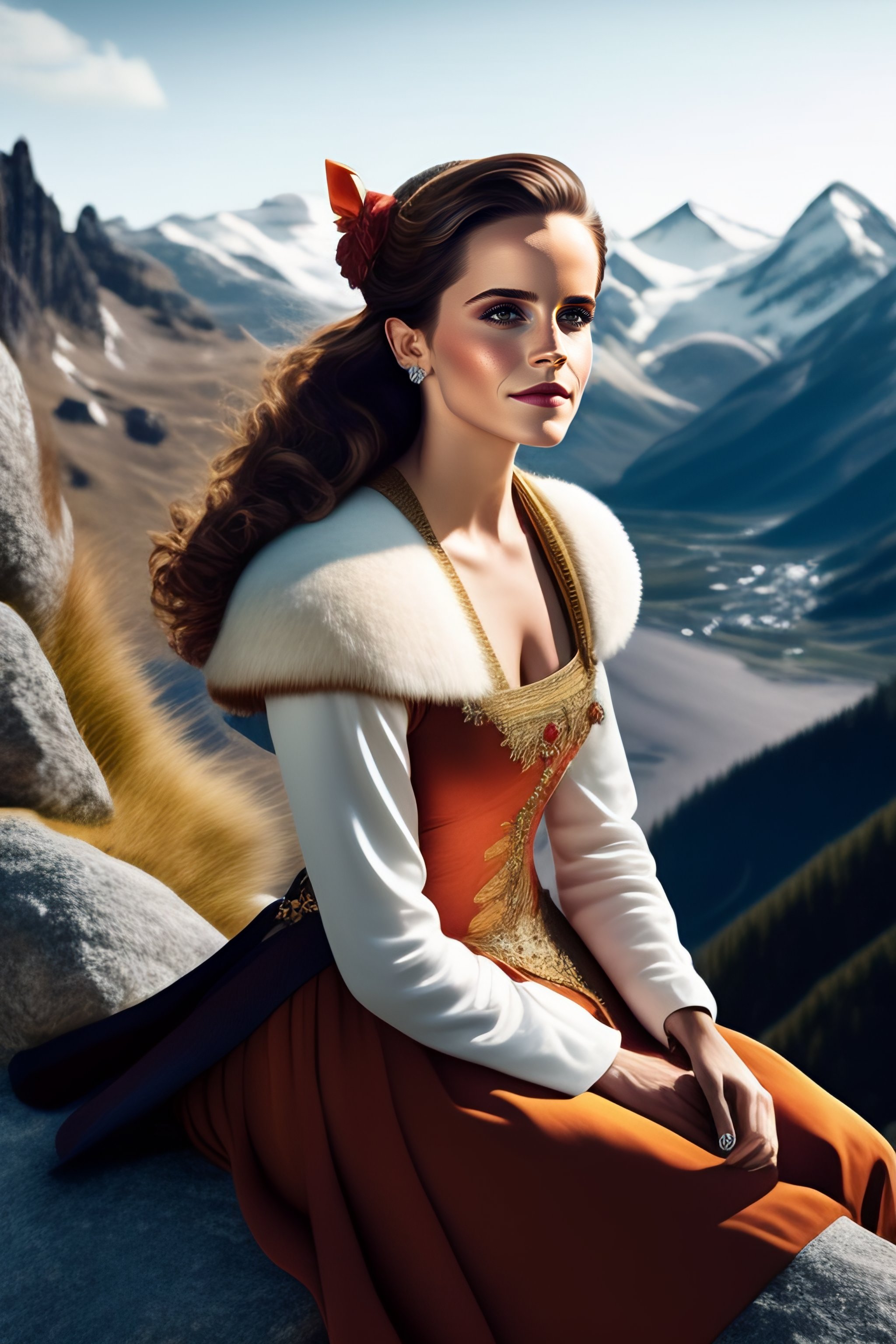 Lexica - Emma Watson sitting as a queen on top of a mountain
