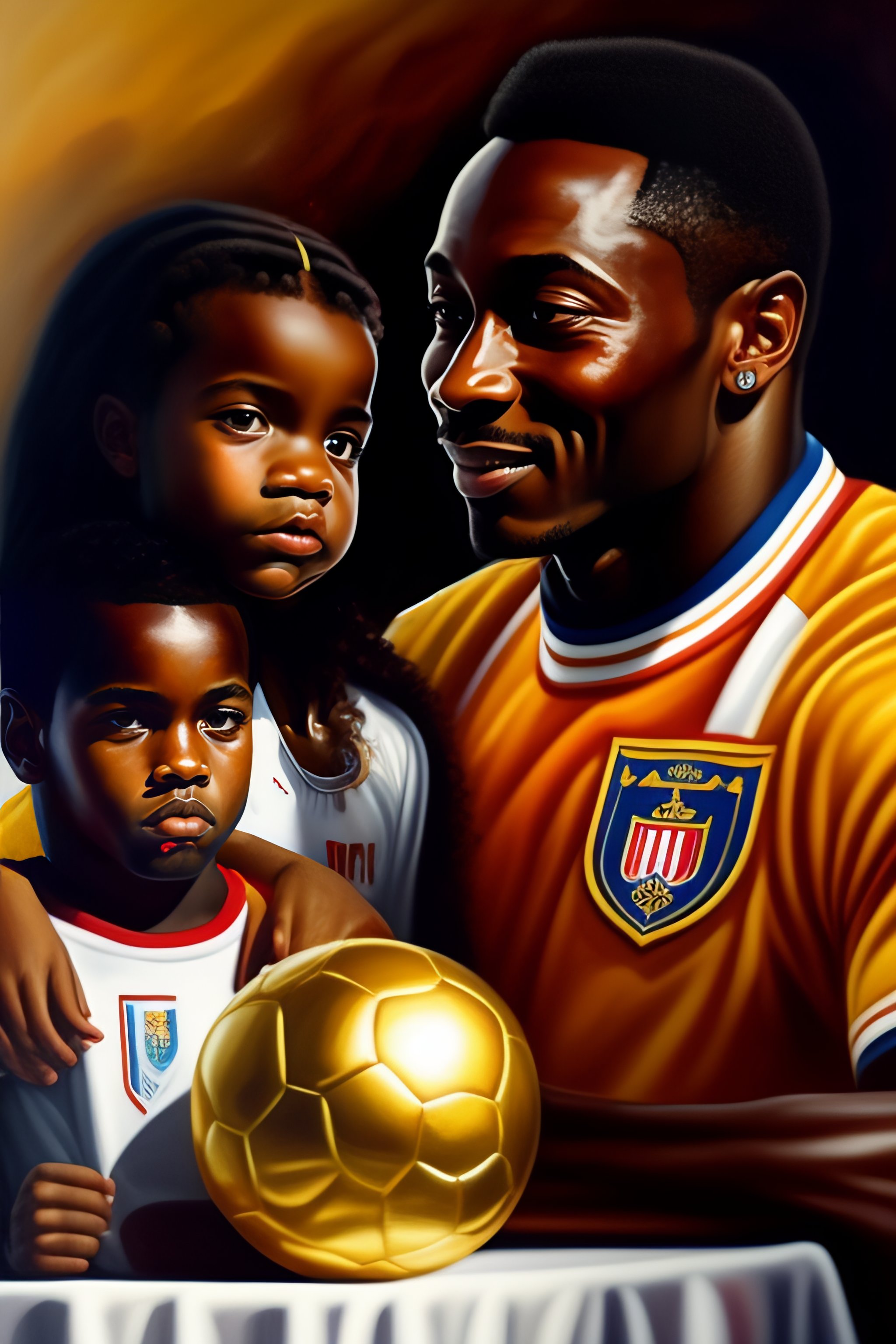 Lexica - Painting of Pele holding three ballon d'or hanging on a wall ...