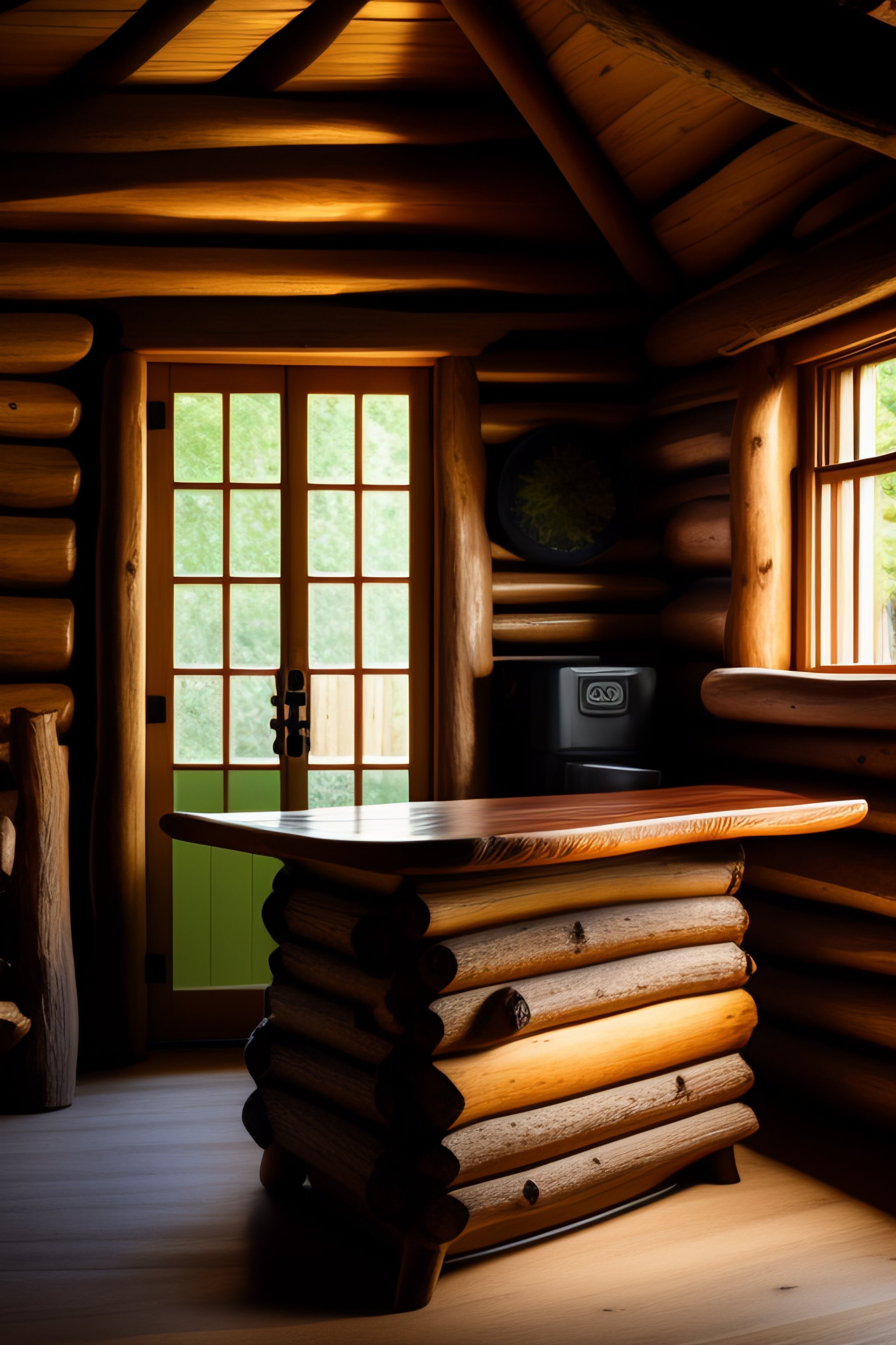Lexica - Interior of a log cabin with a raised tablet on a counter at ...