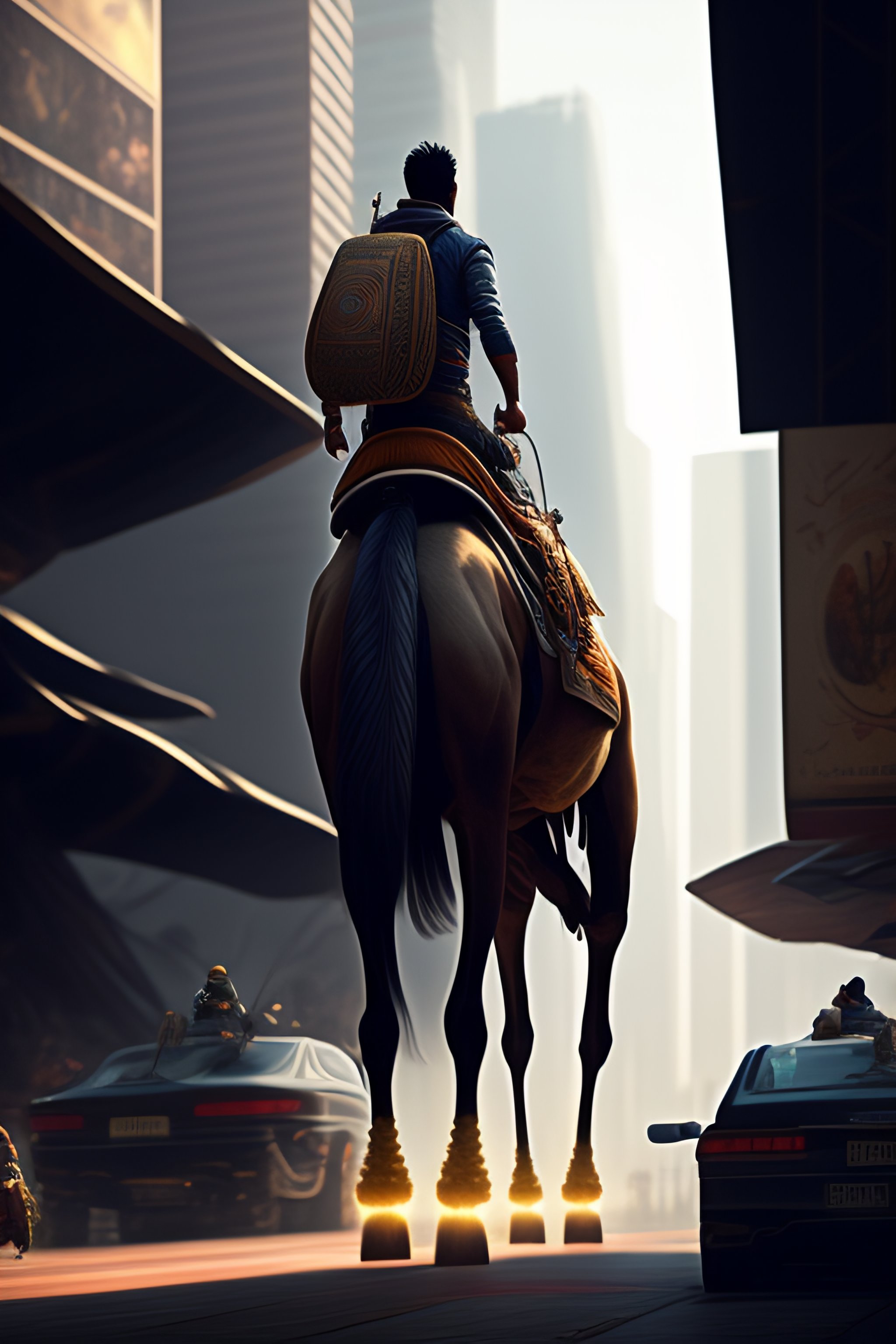 Lexica - Man riding a flying camel in a cyberpunk city