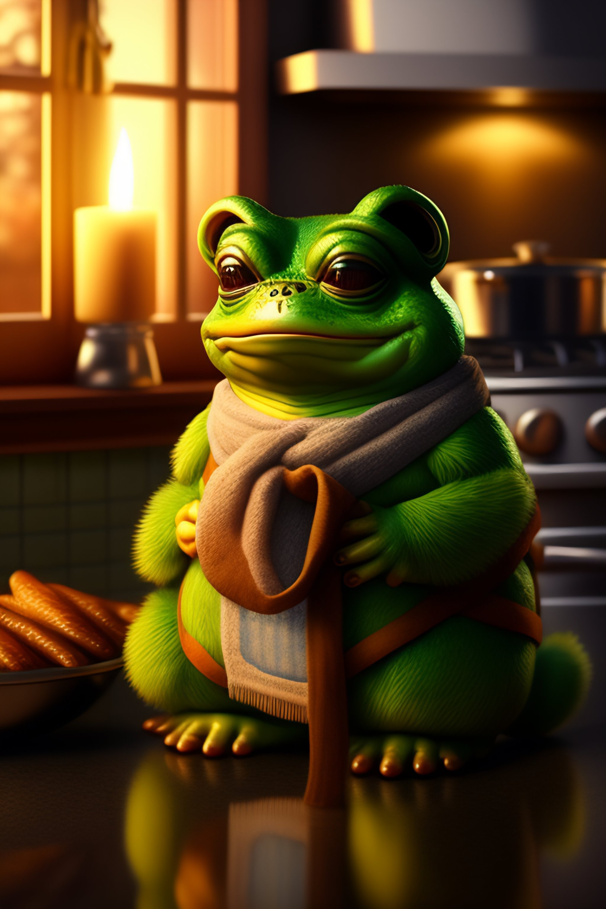 Lexica - An exhausted pepe the frog cooking dinner with an apron on ...