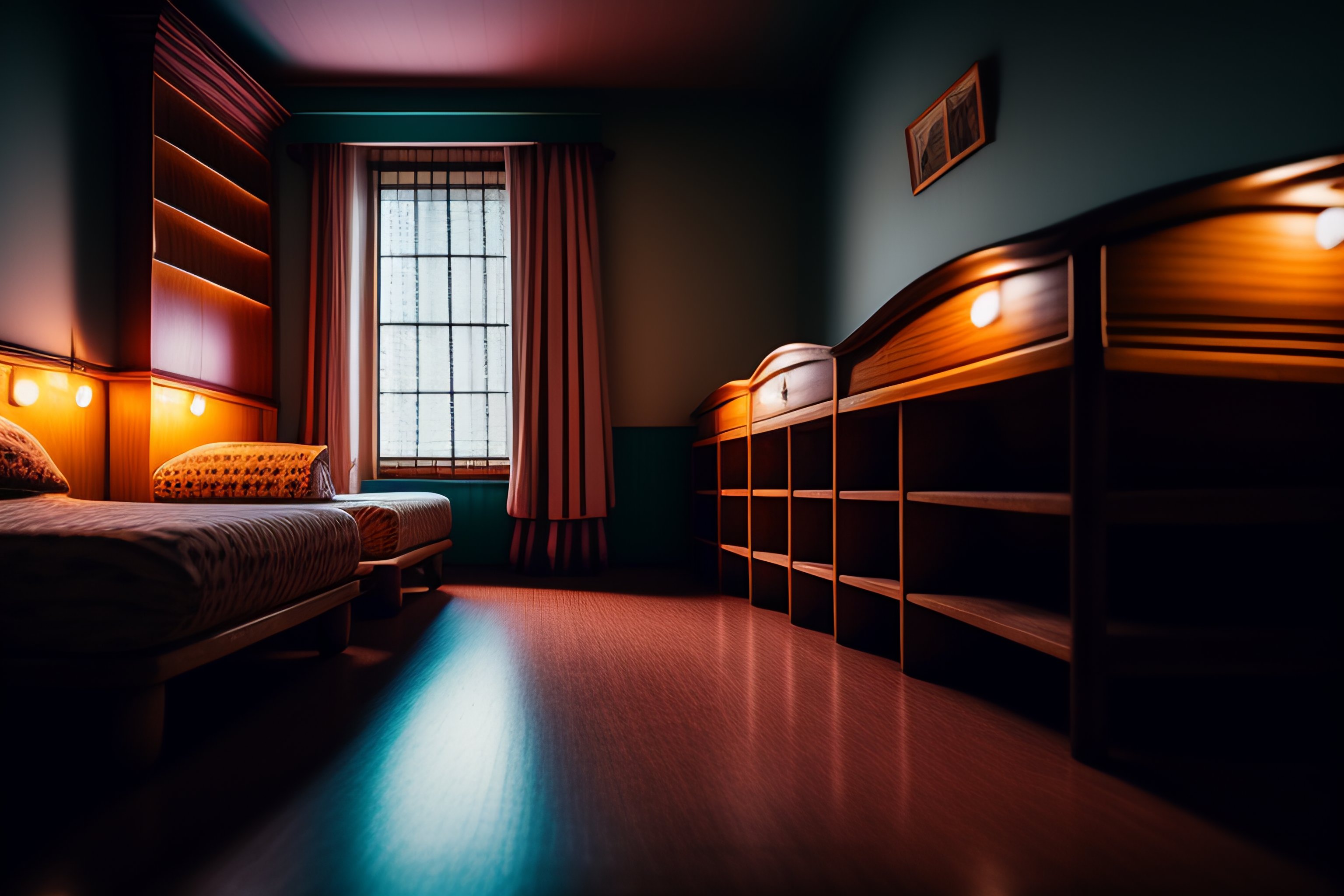 Lexica - Very wide shot, depth of field, a 50s vintage old orphanage ...