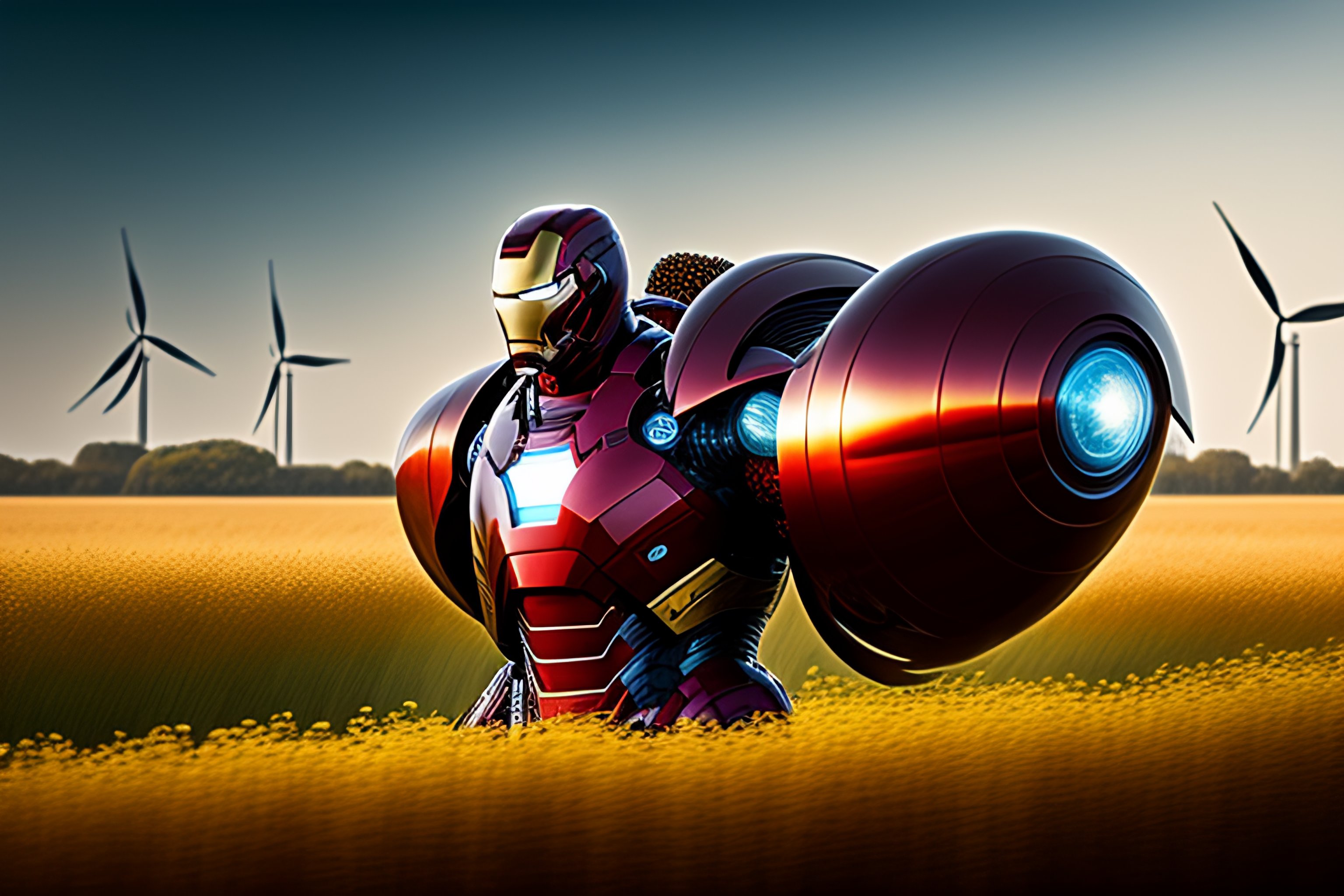 Lexica - Iron man flying through a field of windmills