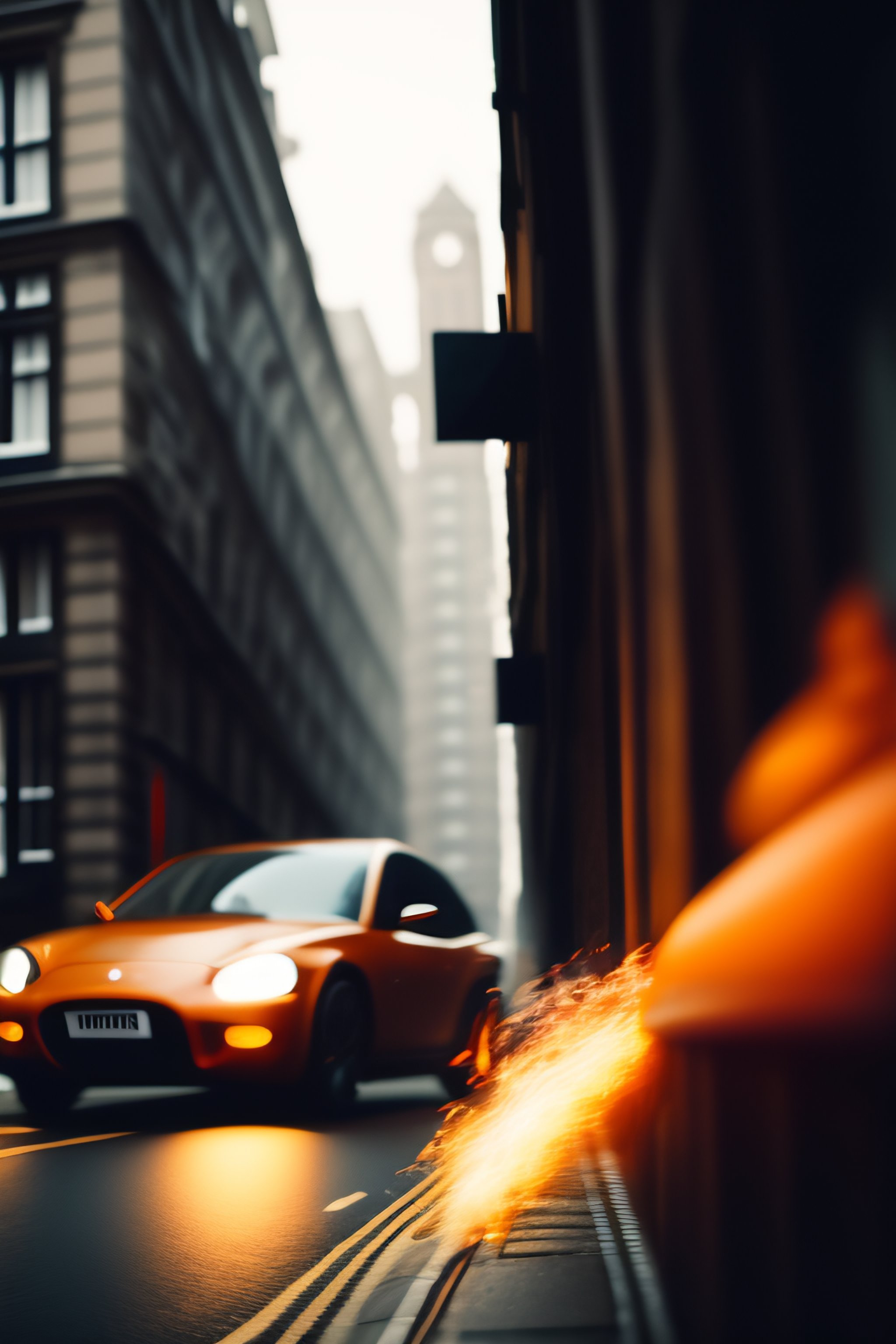 Lexica - A closeup action shot of a male spy driving through the narrow ...