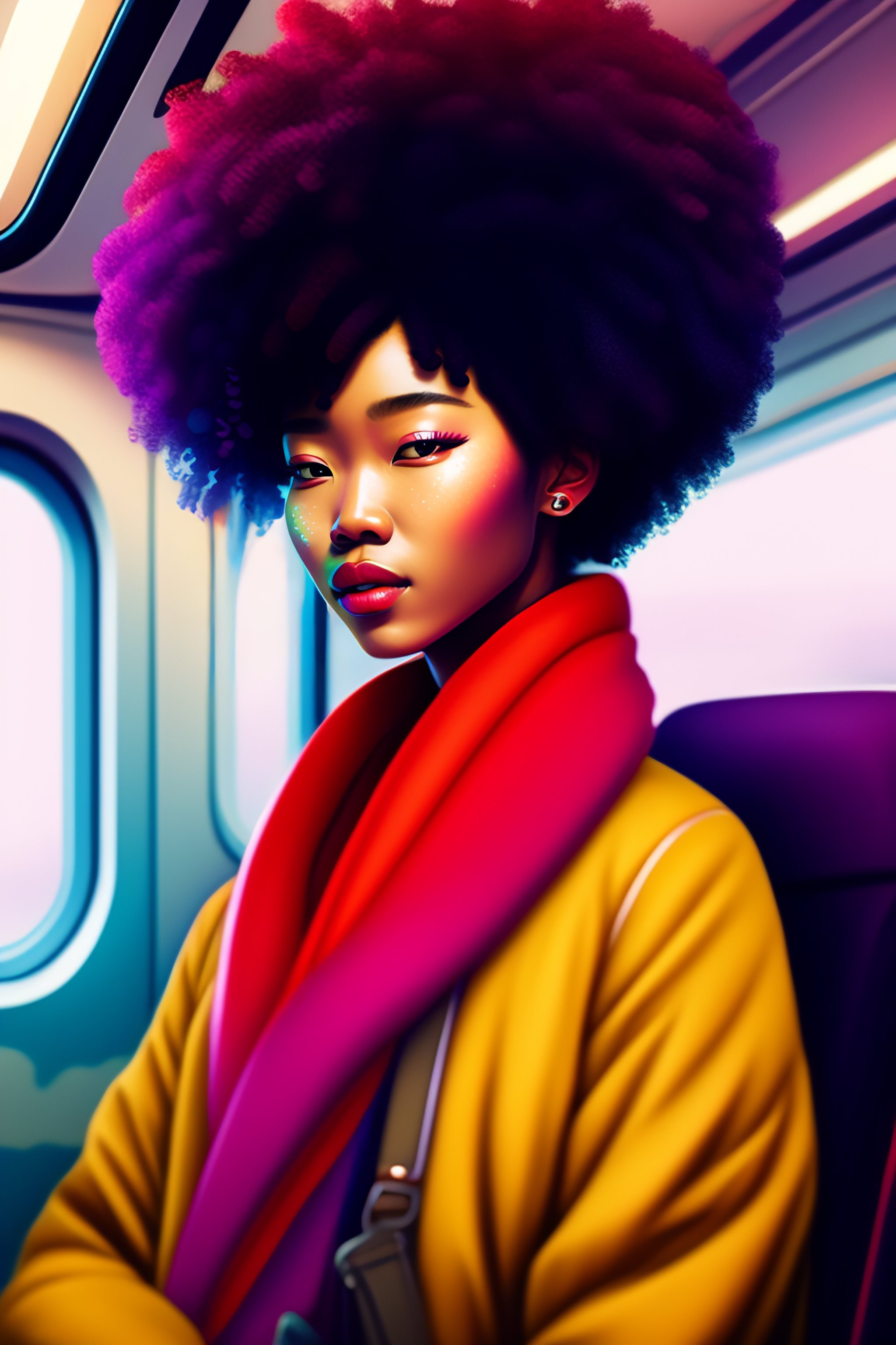 Lexica - Beautiful korean-african woman with afro hair sitting in first ...