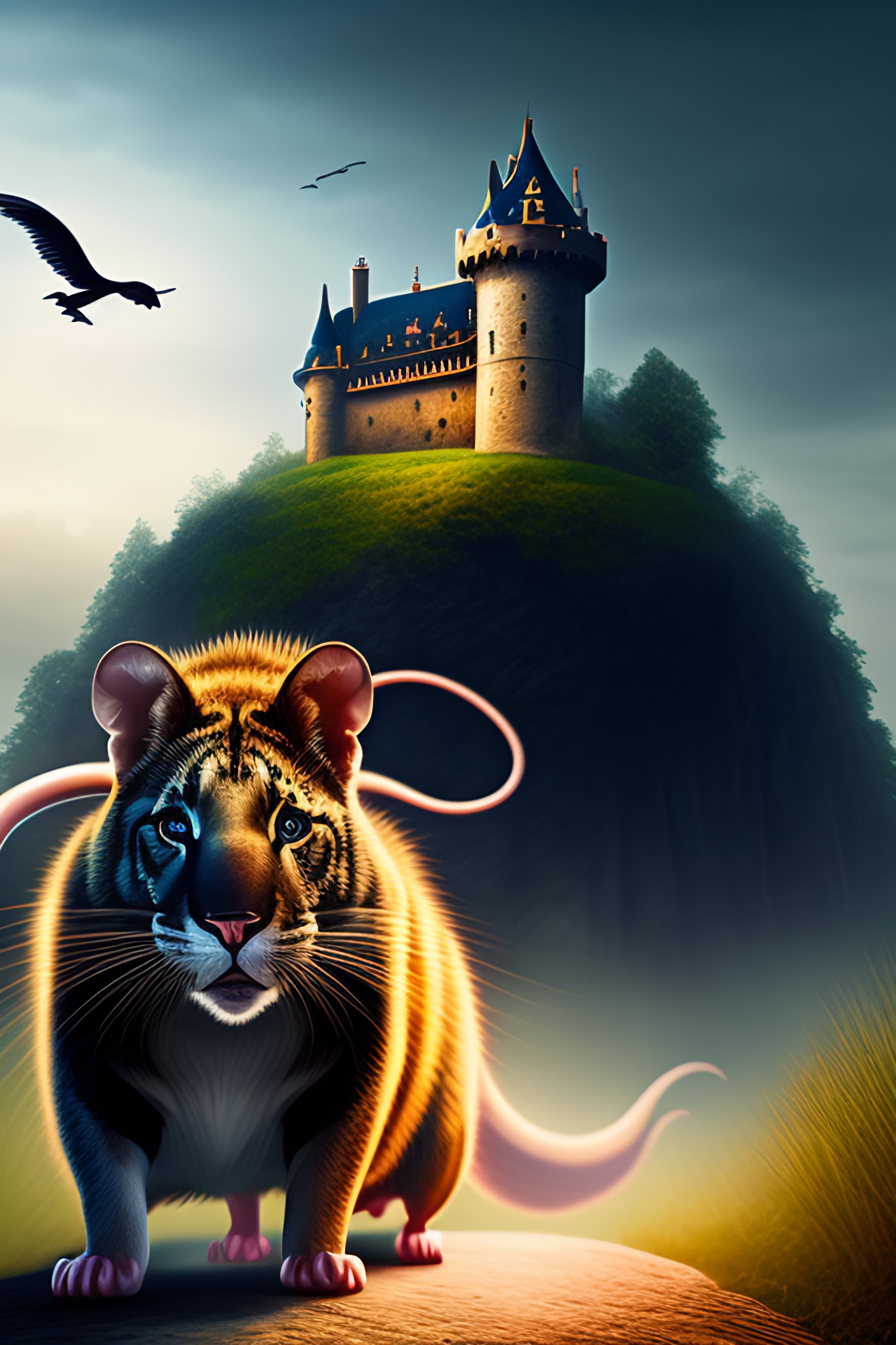 Lexica - A man riding a scary rat in front of a dark and foreboding ...