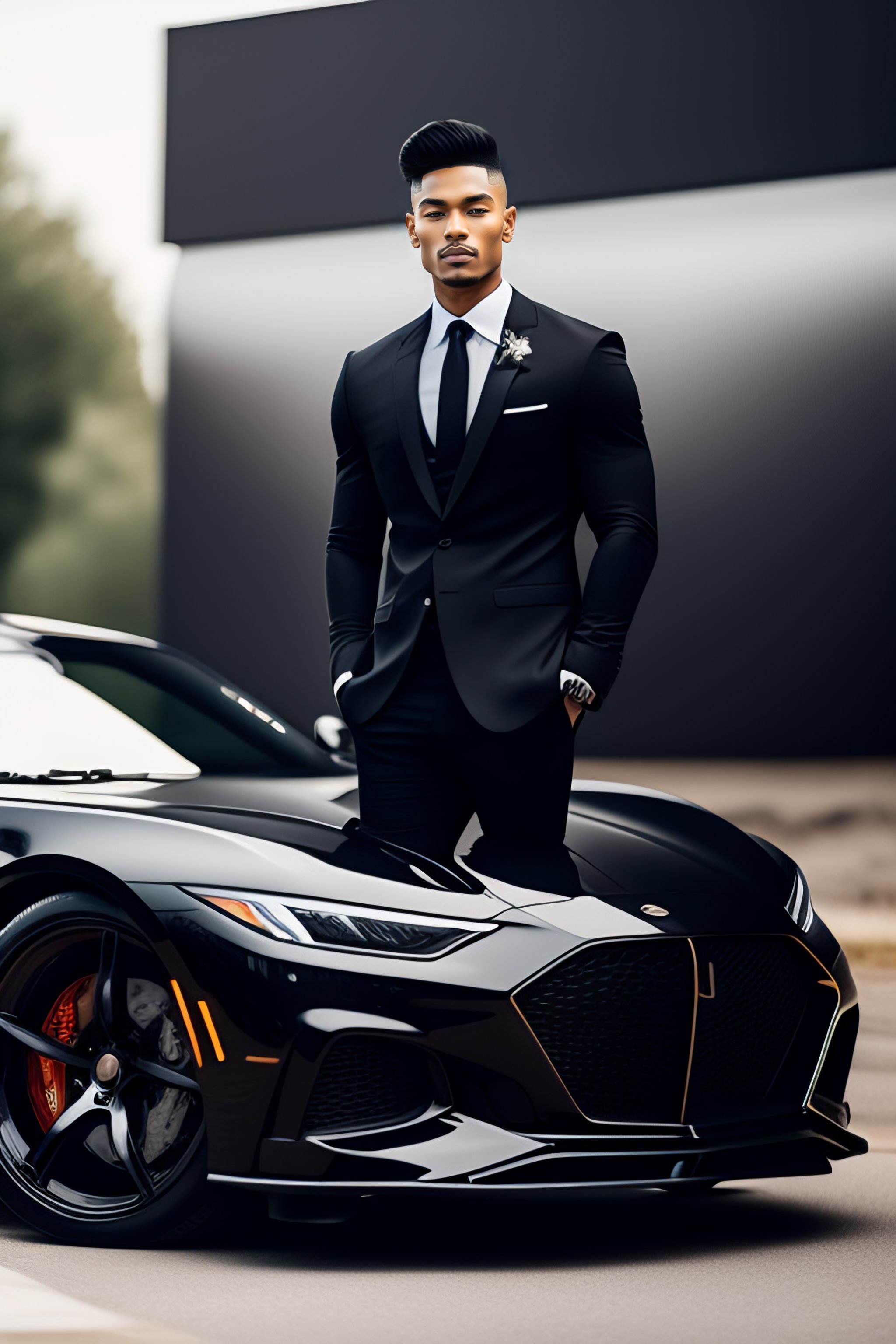 Lexica - Young man in black suit in front of a black luxury car