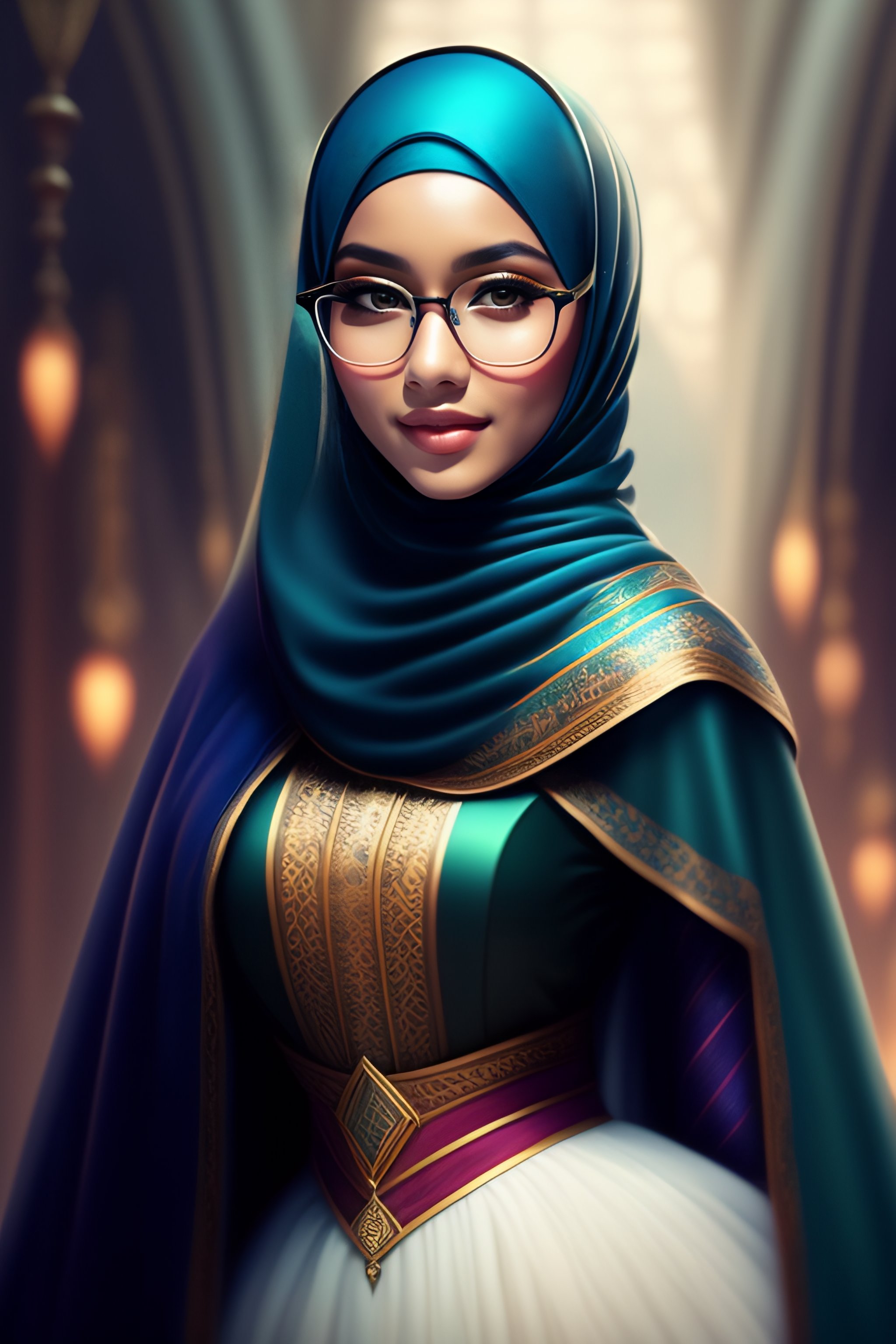 Lexica - Cute hijab girl wearing glasses in royal mage clothing