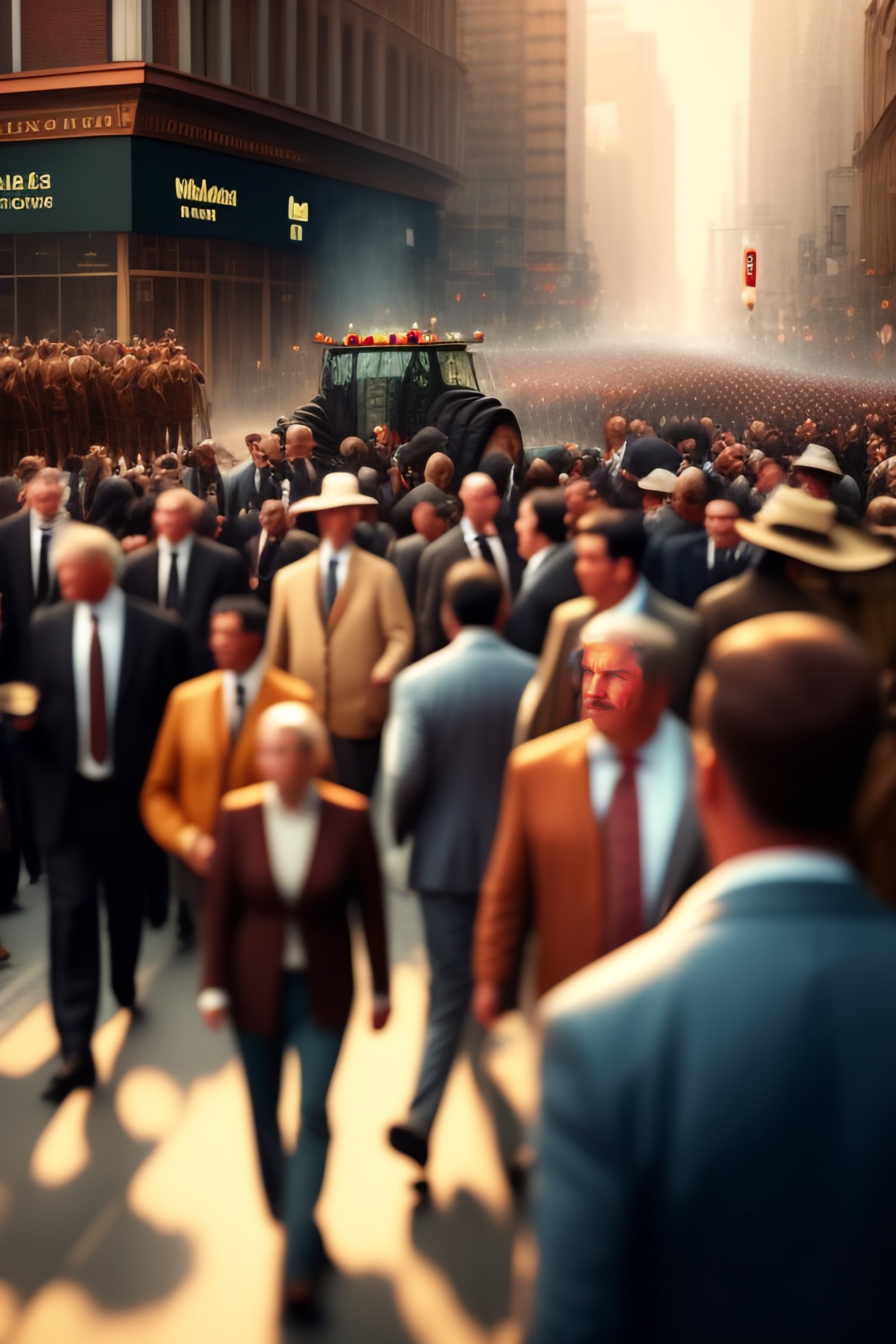 Lexica - A mob of farmers holding pitchforks walk along a city street