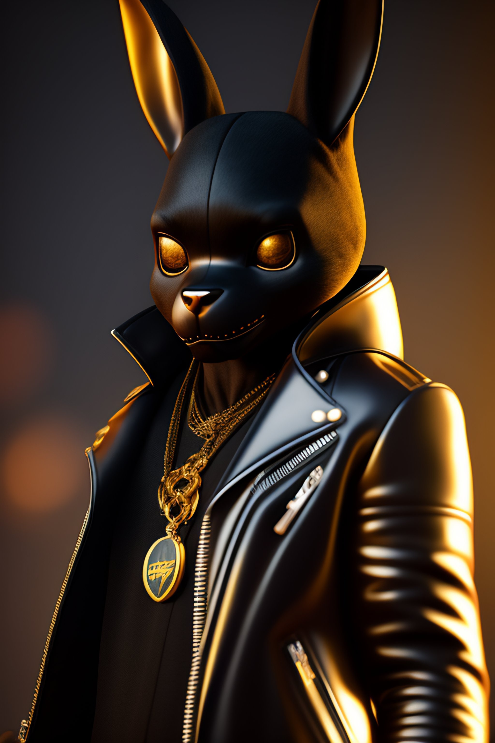 Lexica - Black Humanoid Rabbit with large white eyes leather jacket ...