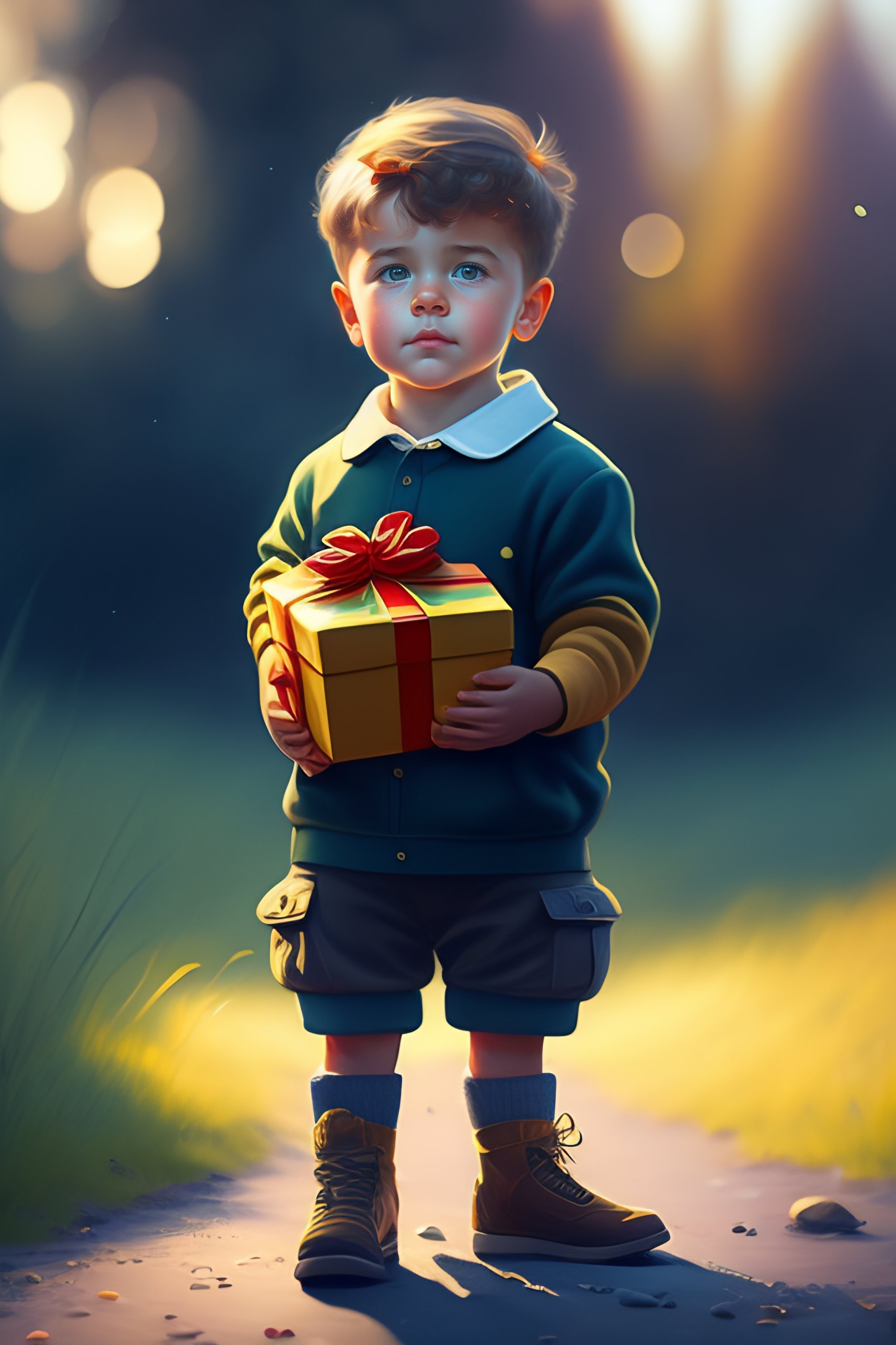 Lexica - A cute boy with a giftbox with bow and ribbon in a painting ...