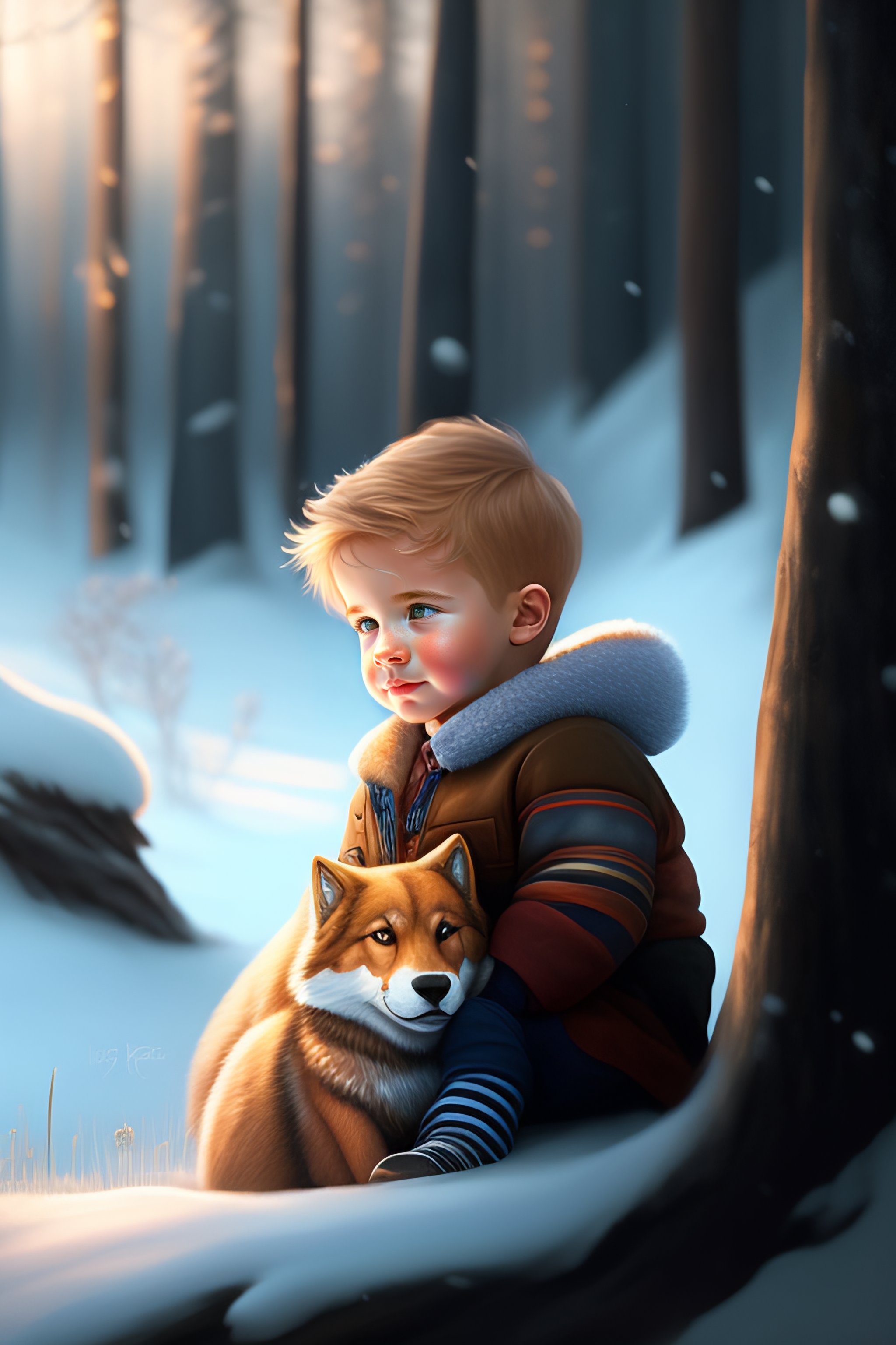 Lexica - A cinematic portrait of a little boy cuddling with a big wolf ...