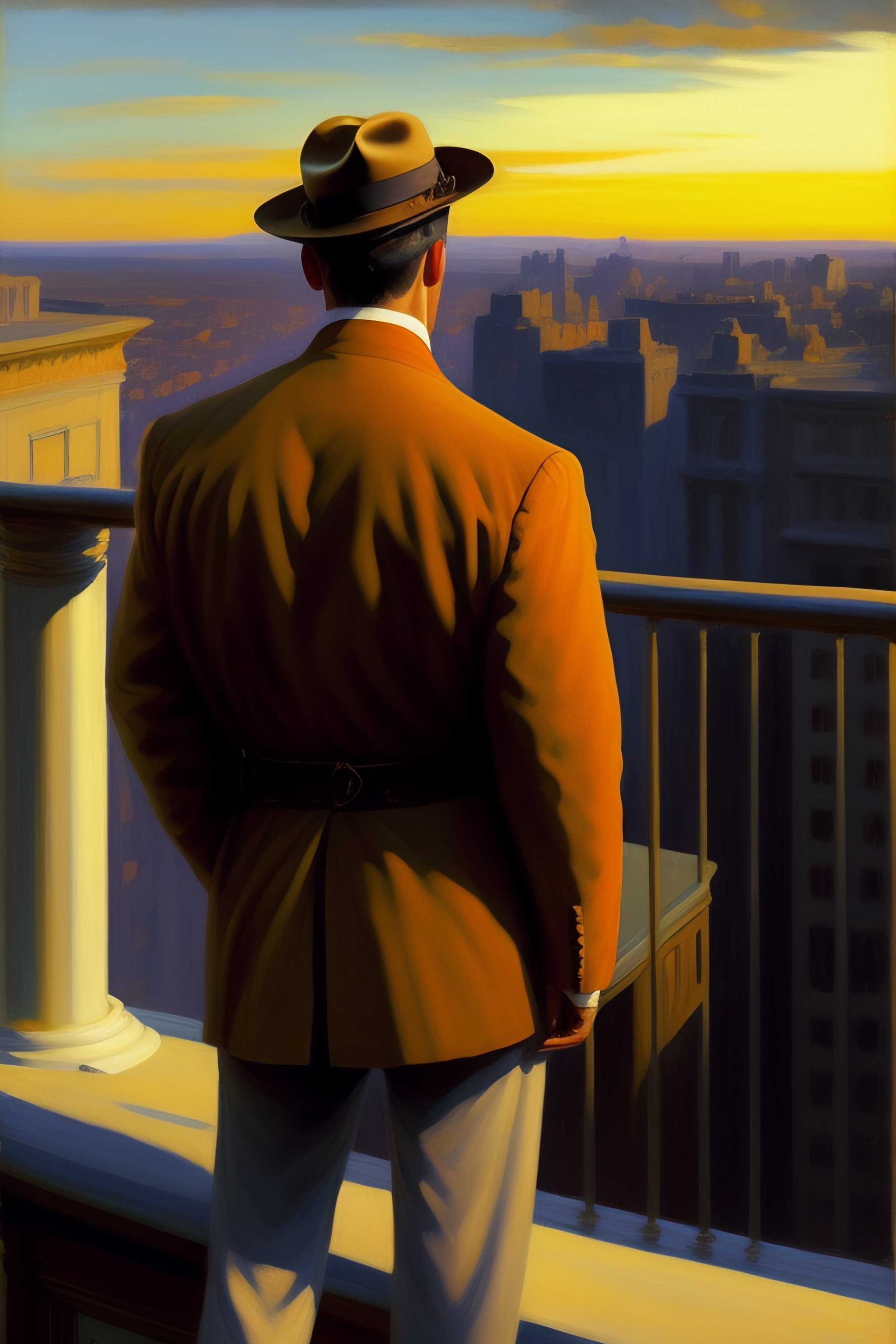 Lexica - A man in a tattered duster, standing on a balcony looking out ...