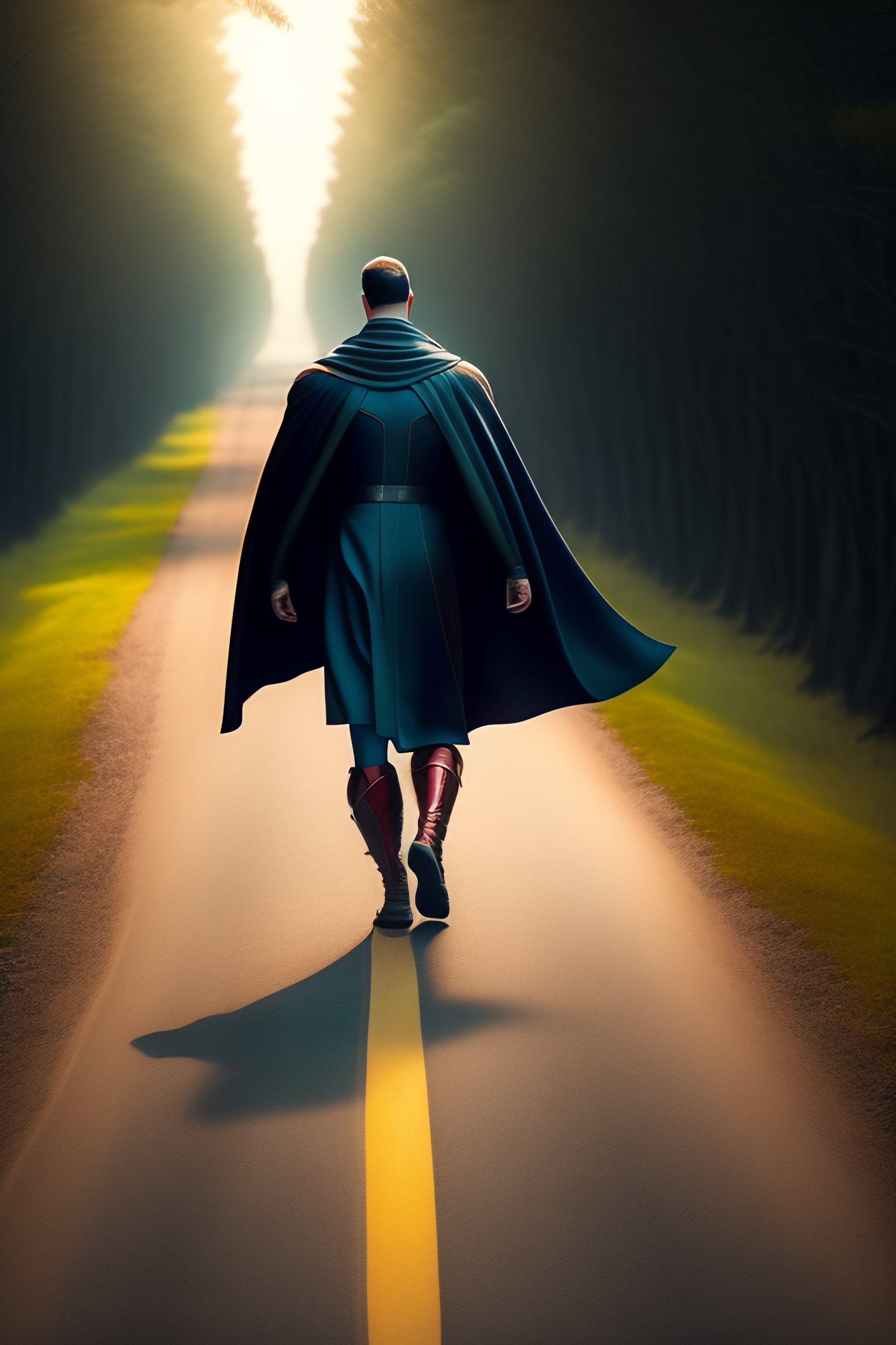 Lexica - Photo from the back of a superhero wearing a cape walking on a ...