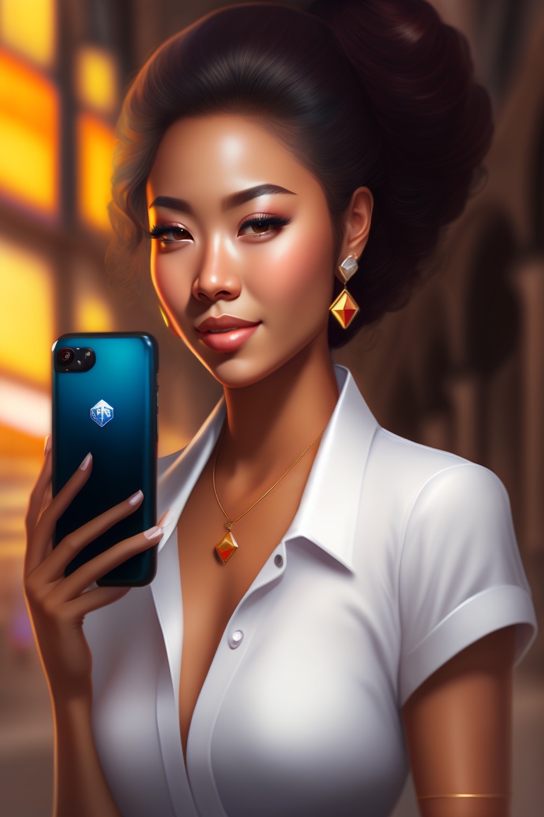 Lexica - Latin woman with white shirt, using photocheck, cell phone in ...